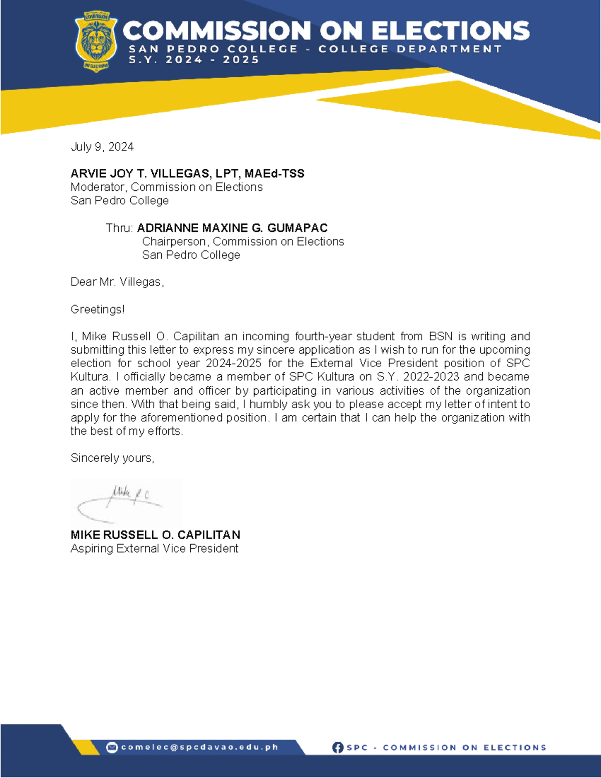 Letter to express sincere application - July 9, 2024 ARVIE JOY T ...