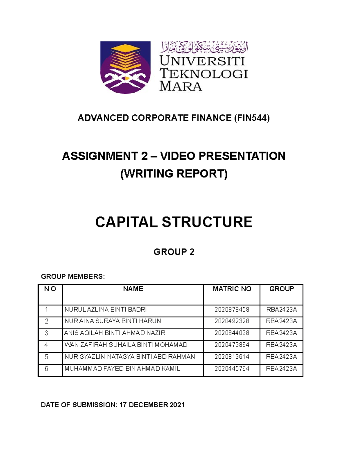 Assignment 2 FIN 544- Report Video Present - ADVANCED CORPORATE FINANCE ...