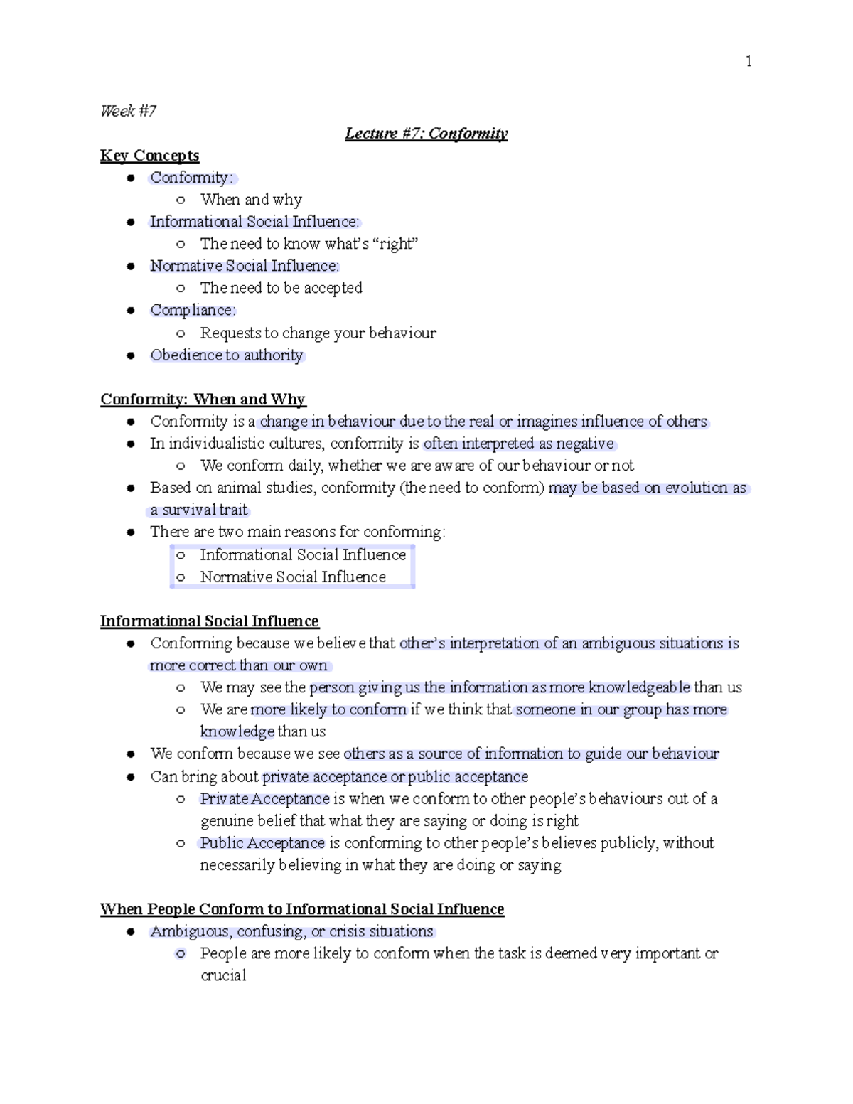 PSYC 325 - Lecture #7 - Week # Lecture #7: Conformity Key Concepts ...