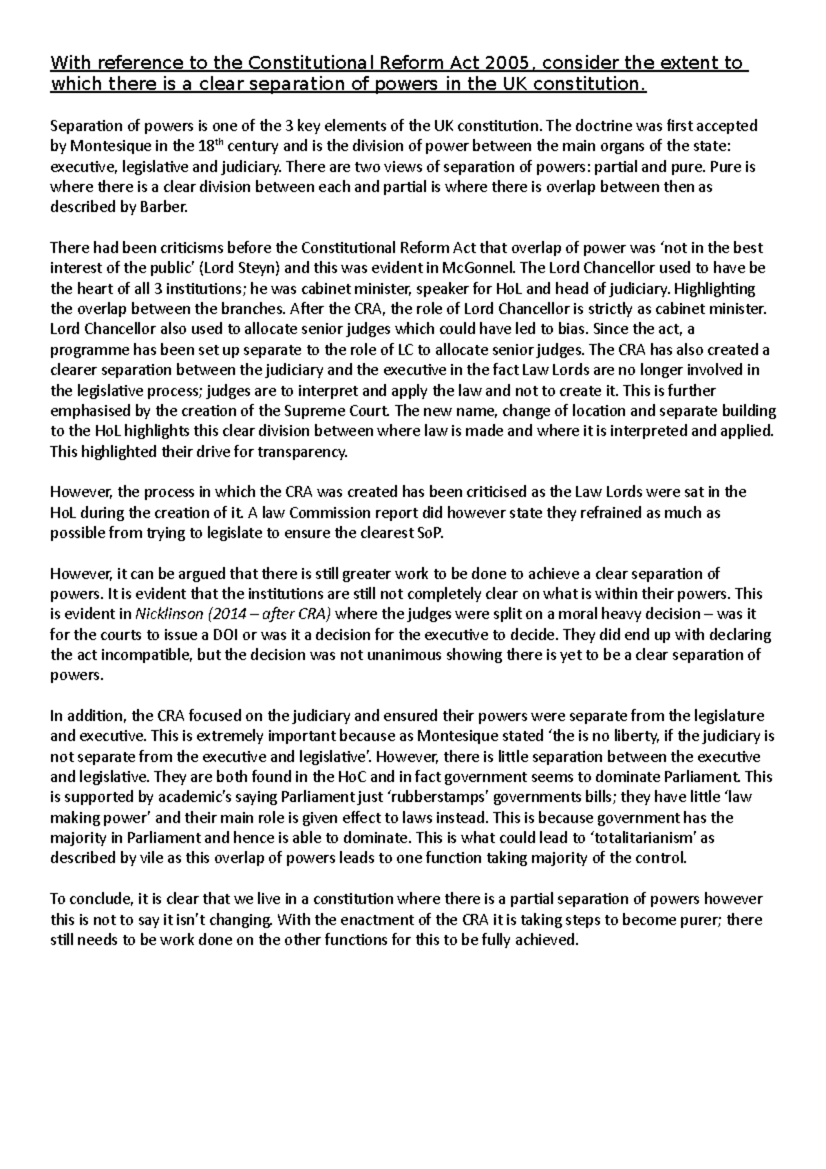 C&A Constitutional Reform Act 2005 - With reference to the ...