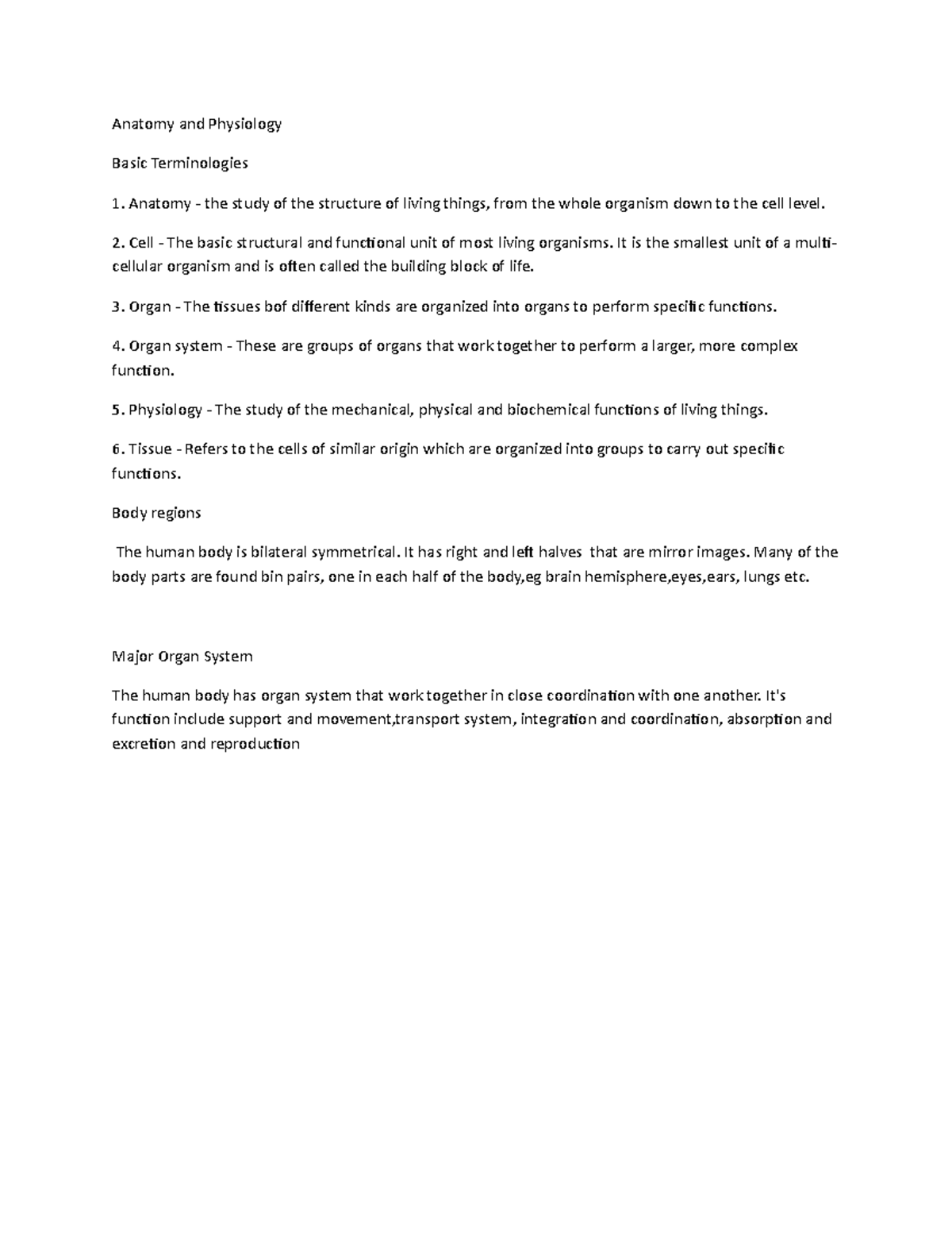 Anatomy And Physiology Doc Anatomy And Physiology Basic Terminologies
