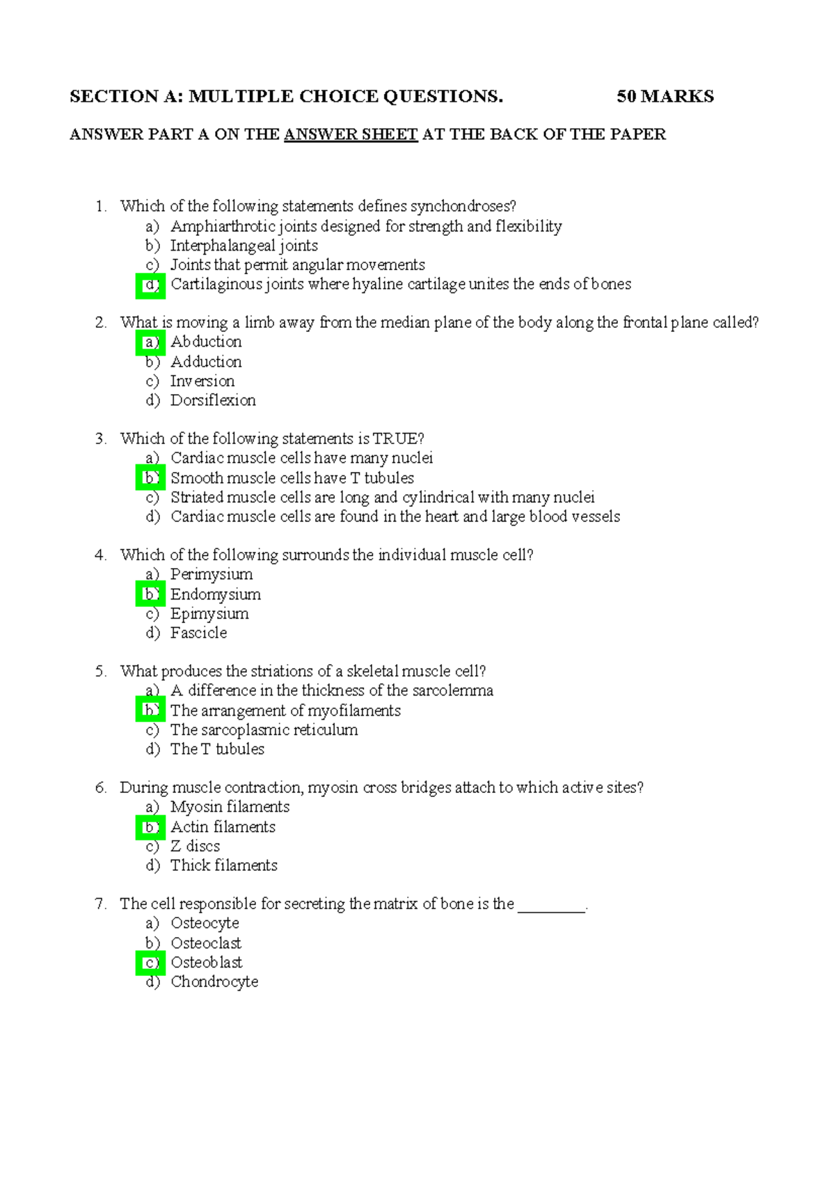 Example final exam answer key - SECTION A: MULTIPLE CHOICE QUESTIONS ...