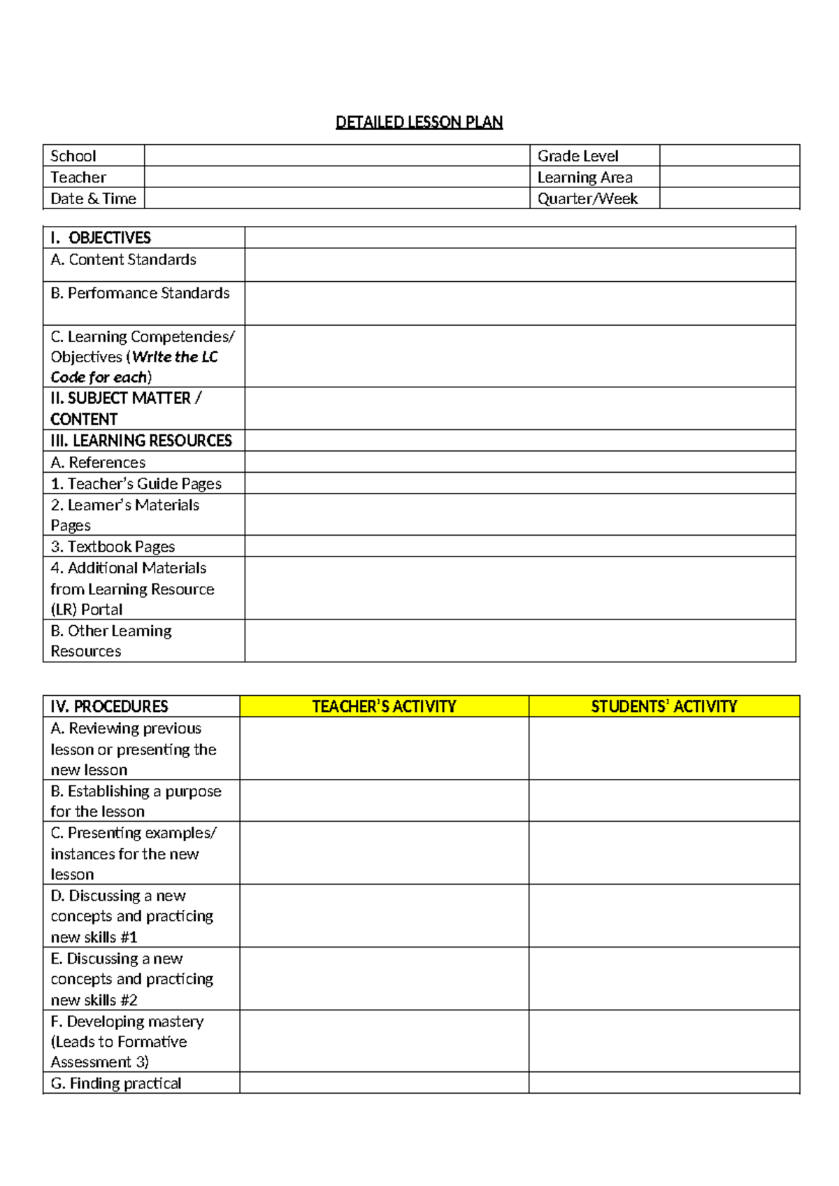 DLP template based on DO42S - DETAILED LESSON PLAN School Grade Level ...