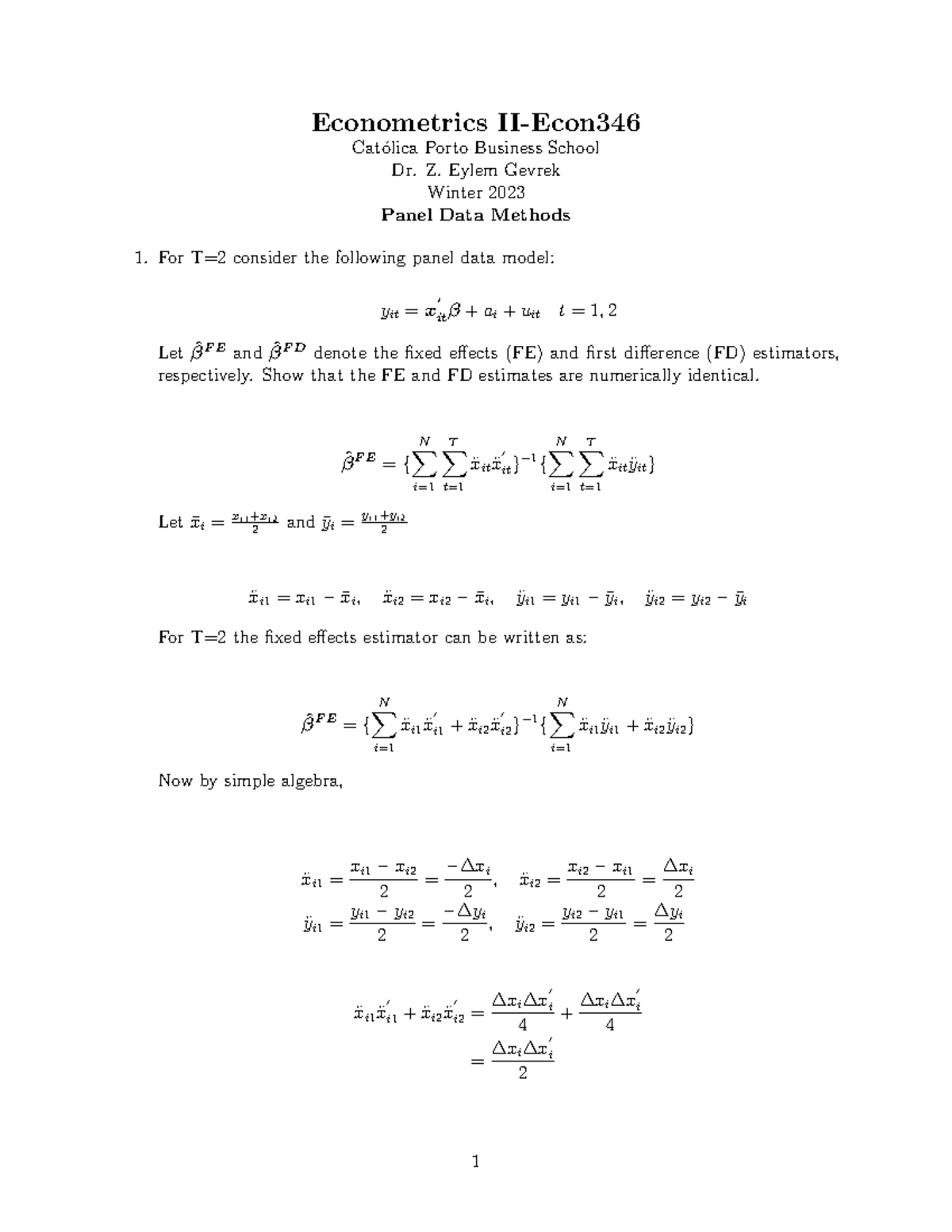 Panel Data Methods Questions 2023 Solutions - Econometrics II-Econ Cat ́olica Porto Business ...