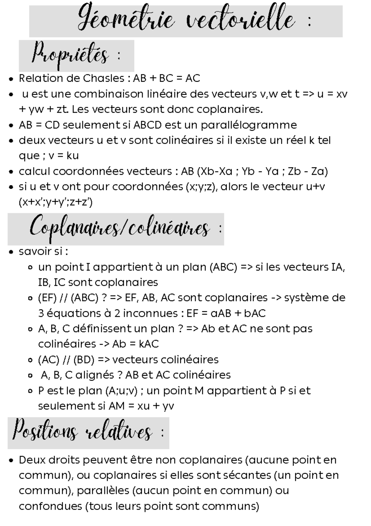 Fiche géométrie vectorielle - Géométrie vectorielle : Propriétés ...