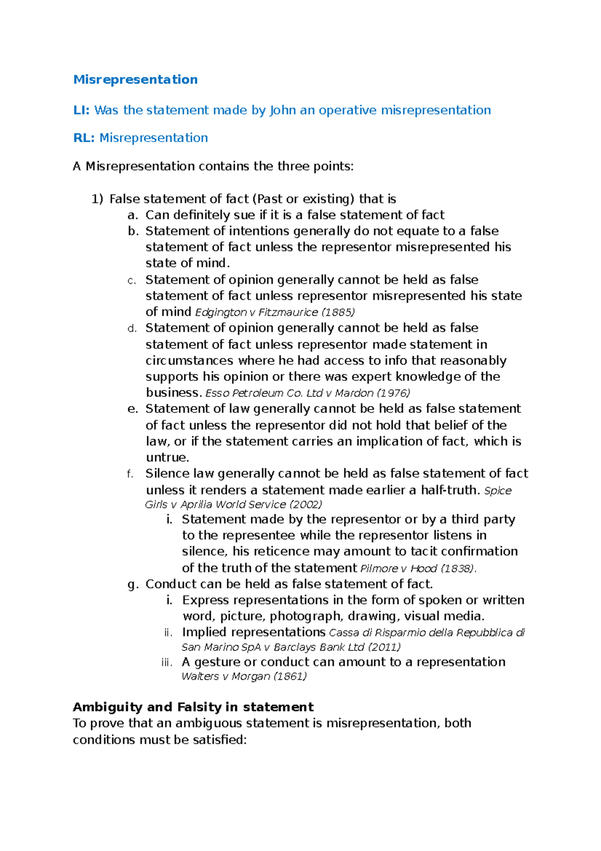 Week 6 – Misrepresentation - Misrepresentation LI: Was the statement ...