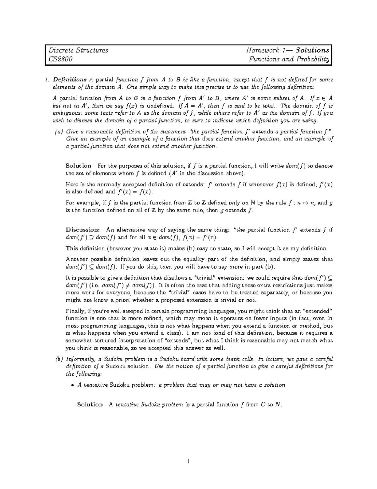 Hw1-sol - hw1 - Discrete Structures CS2800 Homework Solutions Functions and Probability 1. - Studocu