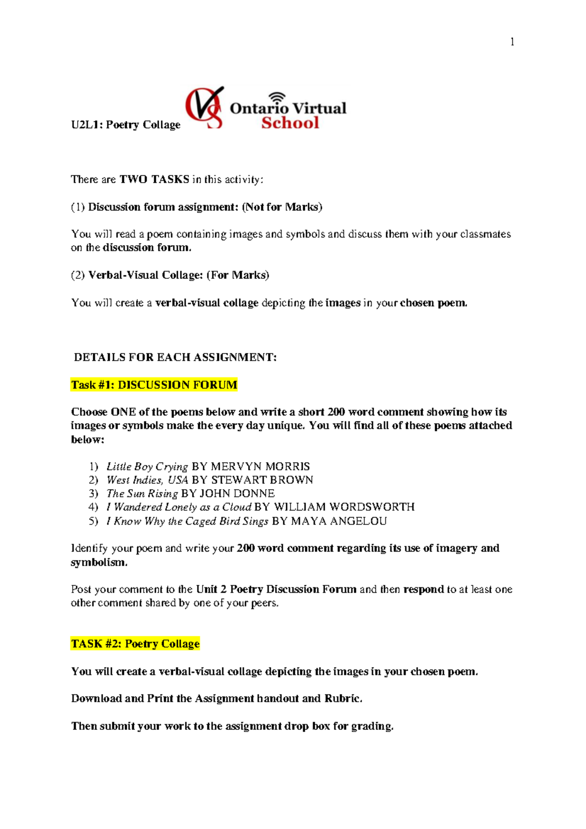 U2L1 Visual Verbal Collage Assignment - U2L1: Poetry Collage There are ...