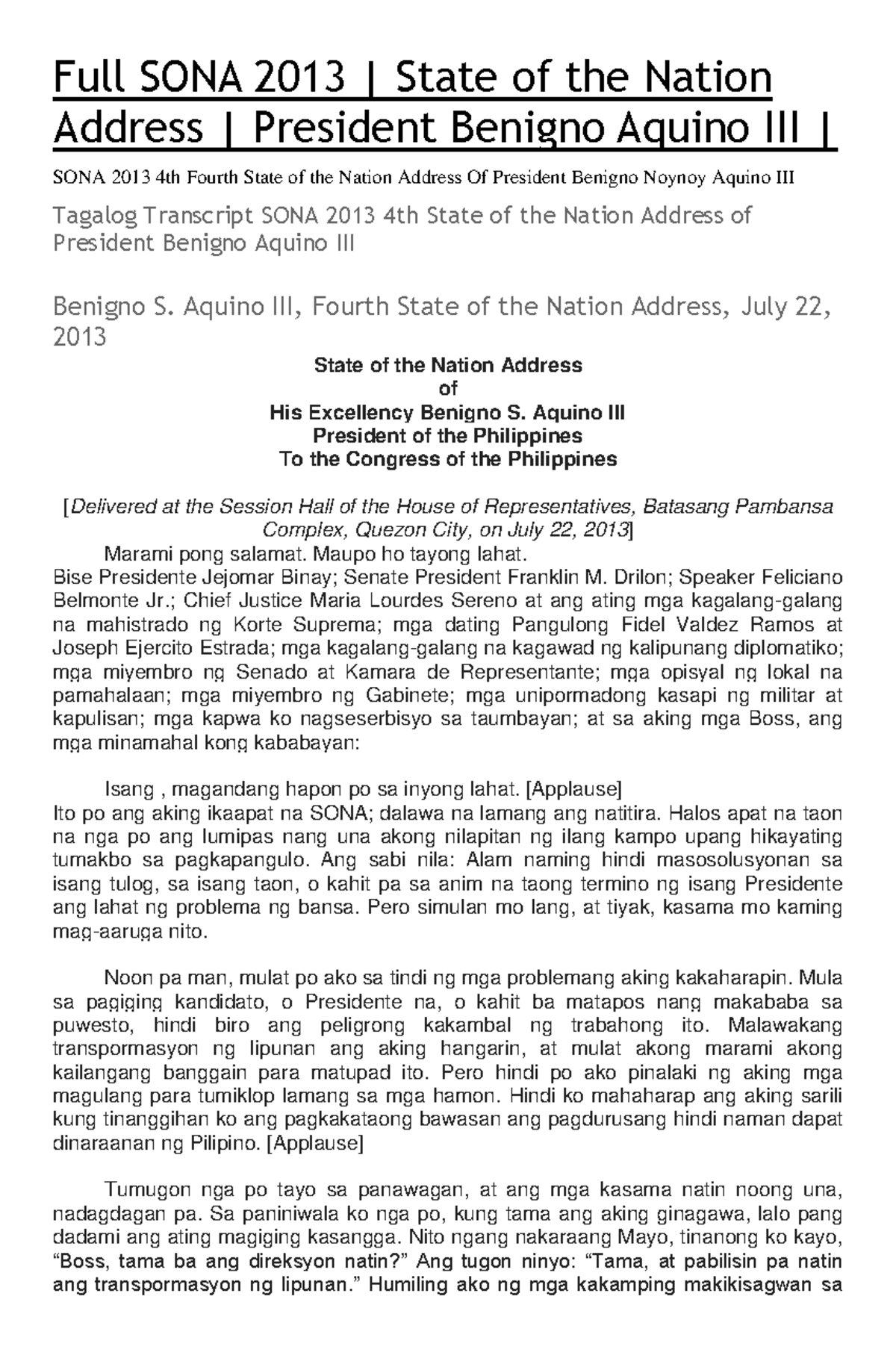 Full SONA 2013 State of the Nation Address President Benigno Aquino III(t Agalog) - Full SONA ...