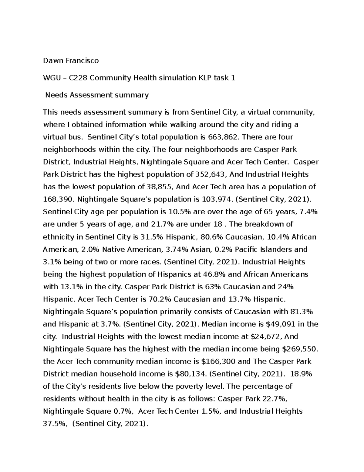 Task 1 community health - Dawn Francisco WGU – C228 Community Health ...