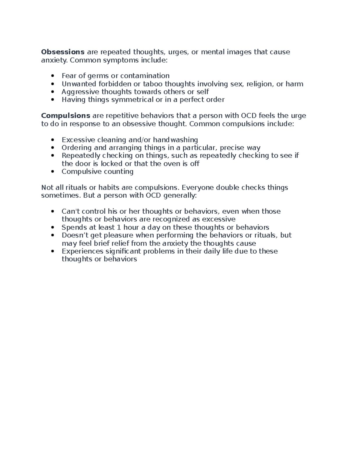 COD Explanation in Neuro - Obsessions are repeated thoughts, urges, or ...