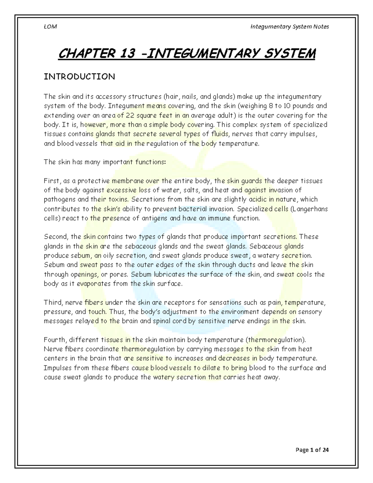 Integmentlomnotes - Integumentary system - CHAPTER 13 -INTEGUMENTARY ...