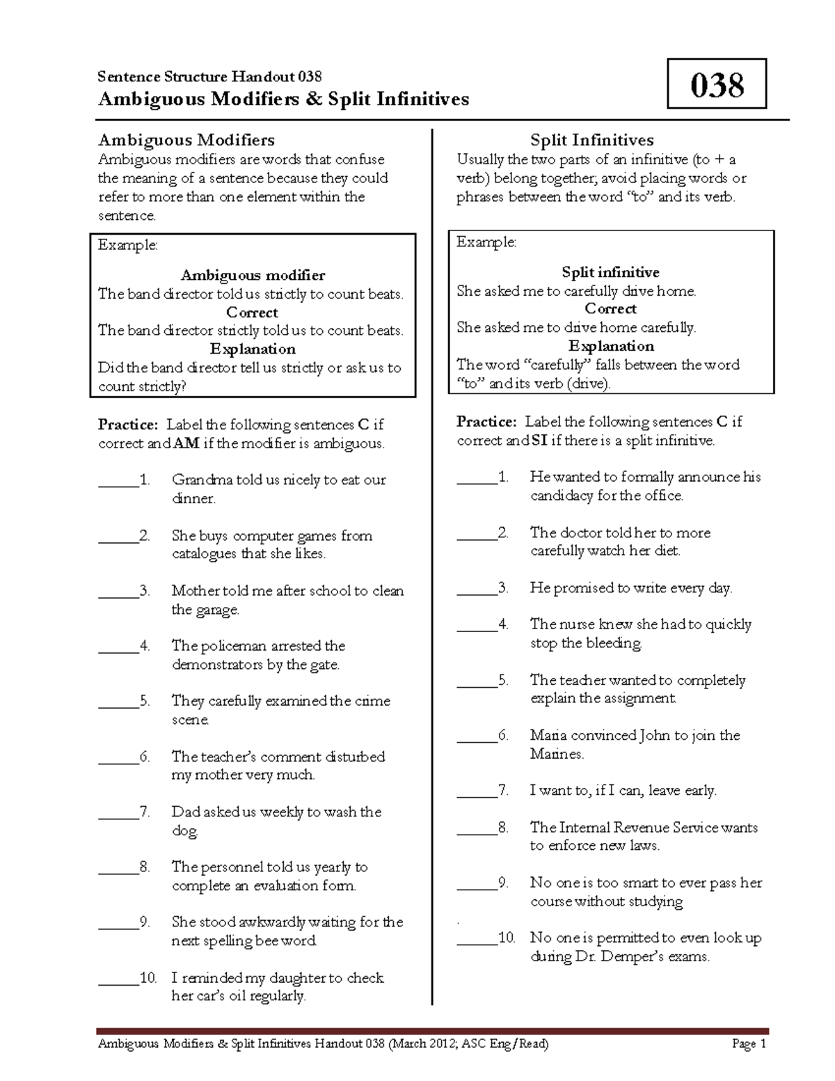 038 modifiers - ambiguous split infinitives - Ambiguous Modifiers ...