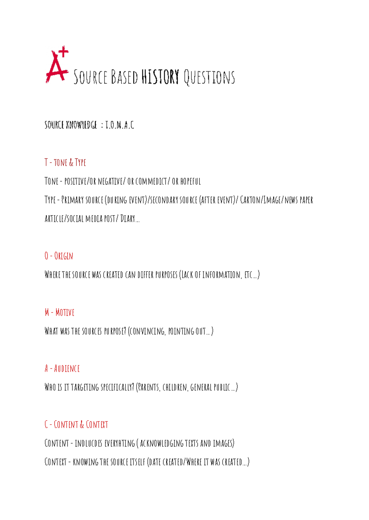 Source Based Question Guide - Source Based HISTORY Questions SOURCE ...