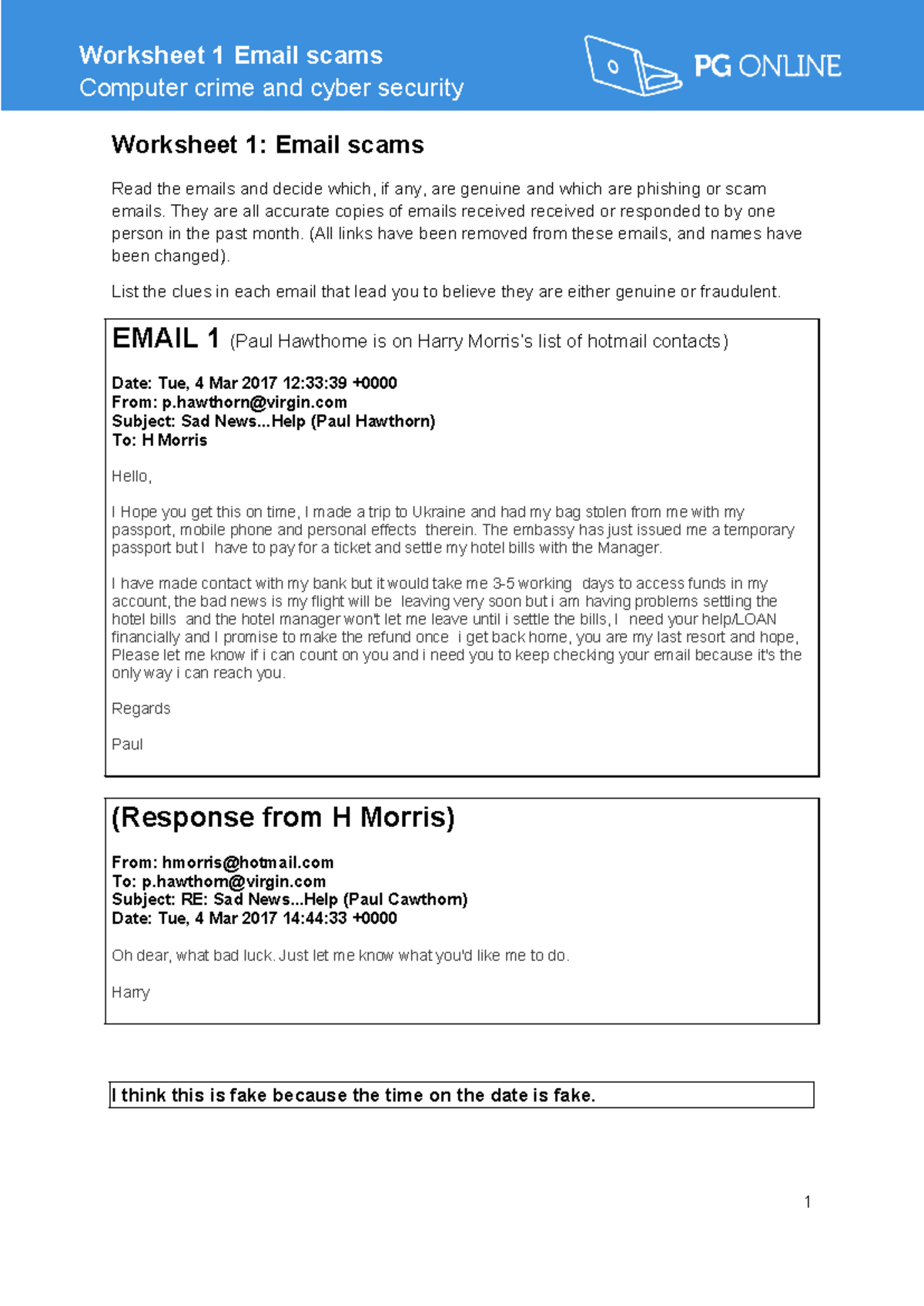 Computer crime Worksheet 1 Email scams - Computer crime and cyber ...