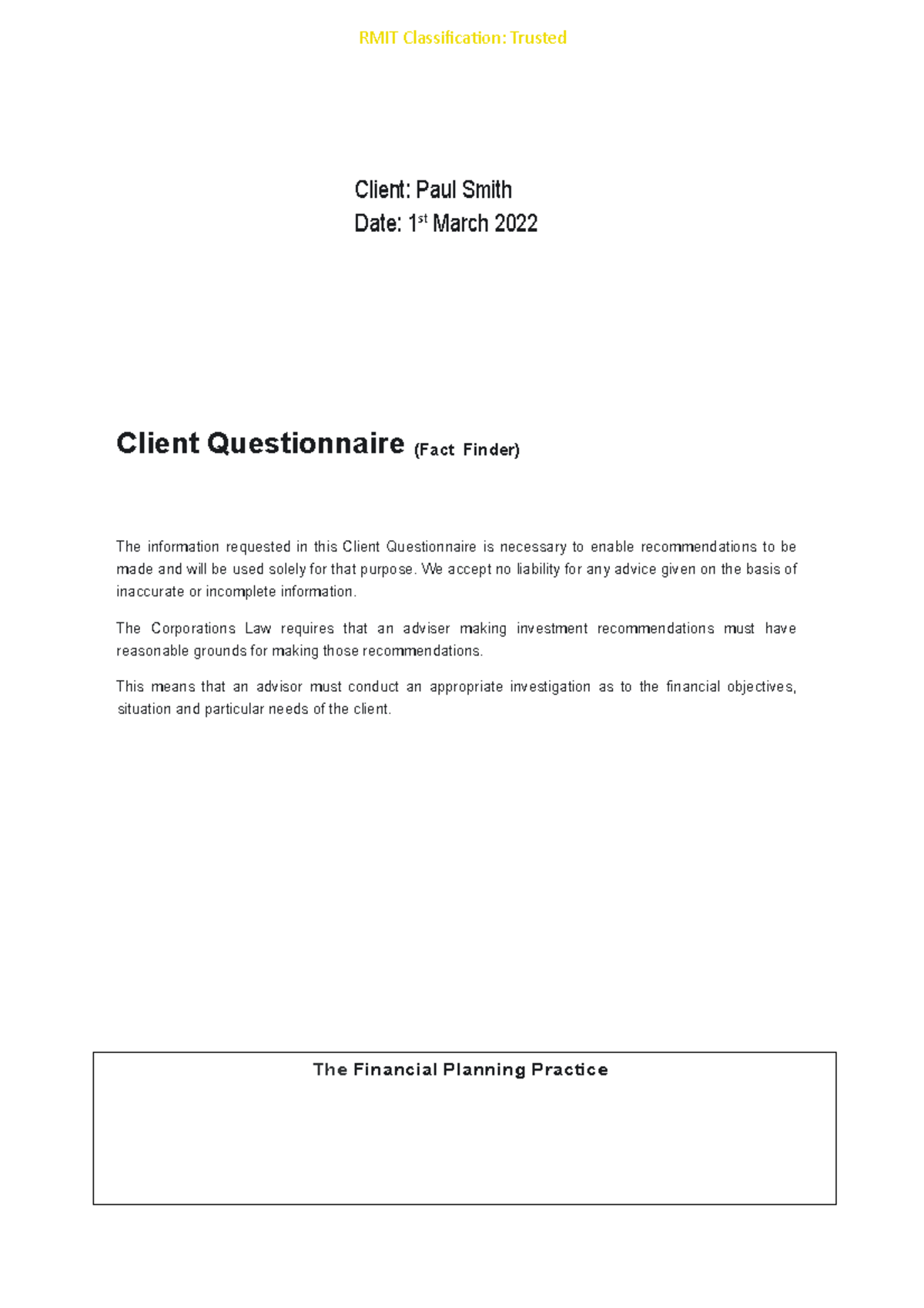 Assignment Fact Find - Client: Paul Smith Date: 1 st March 2022 Client ...