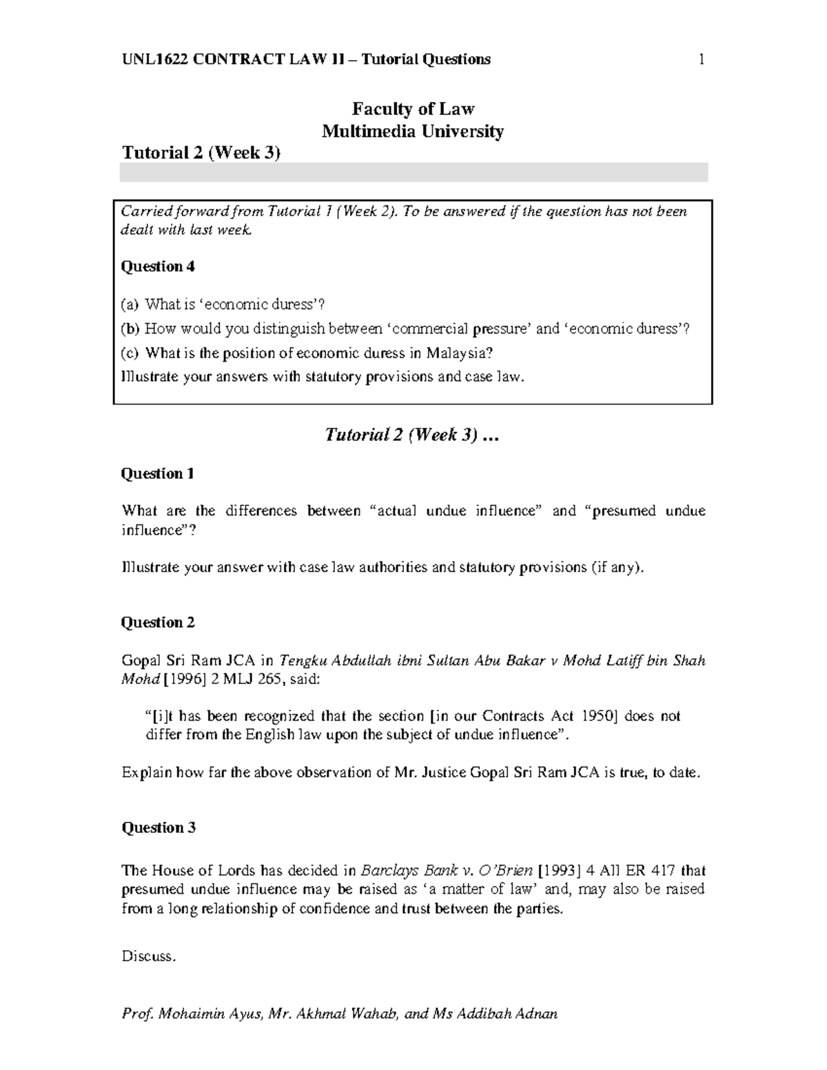 2022 Contract II - Tutorial 2 (Week 3) questions - UNL1622 CONTRACT LAW ...