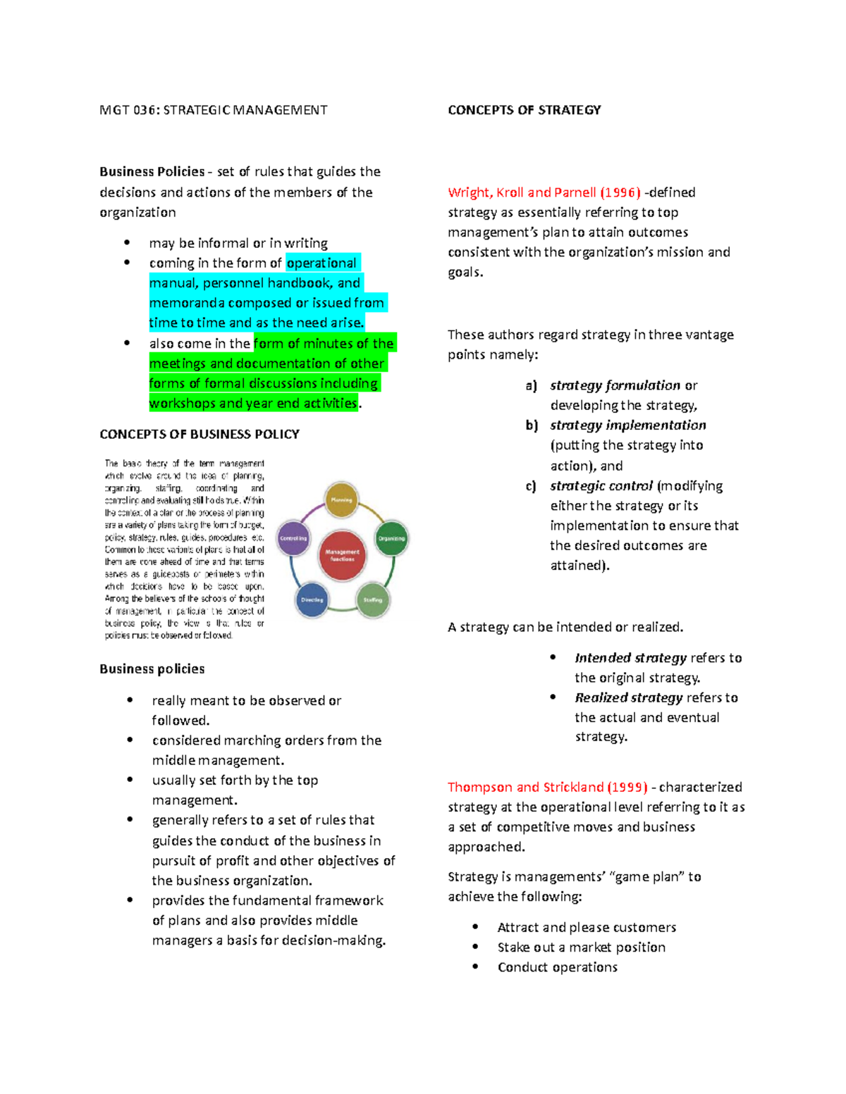 Strama- Reviewer - MGT 036: STRATEGIC MANAGEMENT Business Policies ...