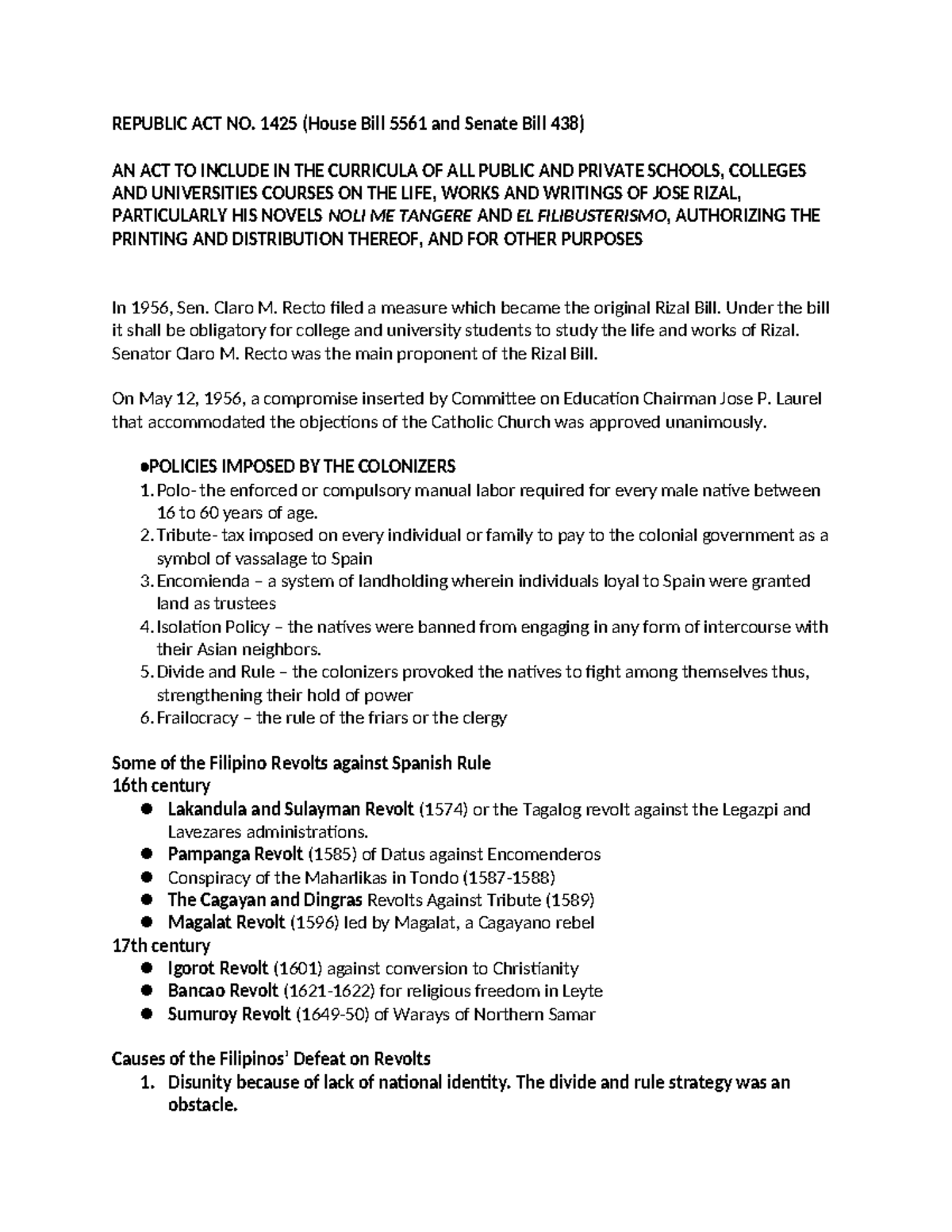 Rizal Reviewer (Prelim) - REPUBLIC ACT NO. 1425 (House Bill 5561 and ...