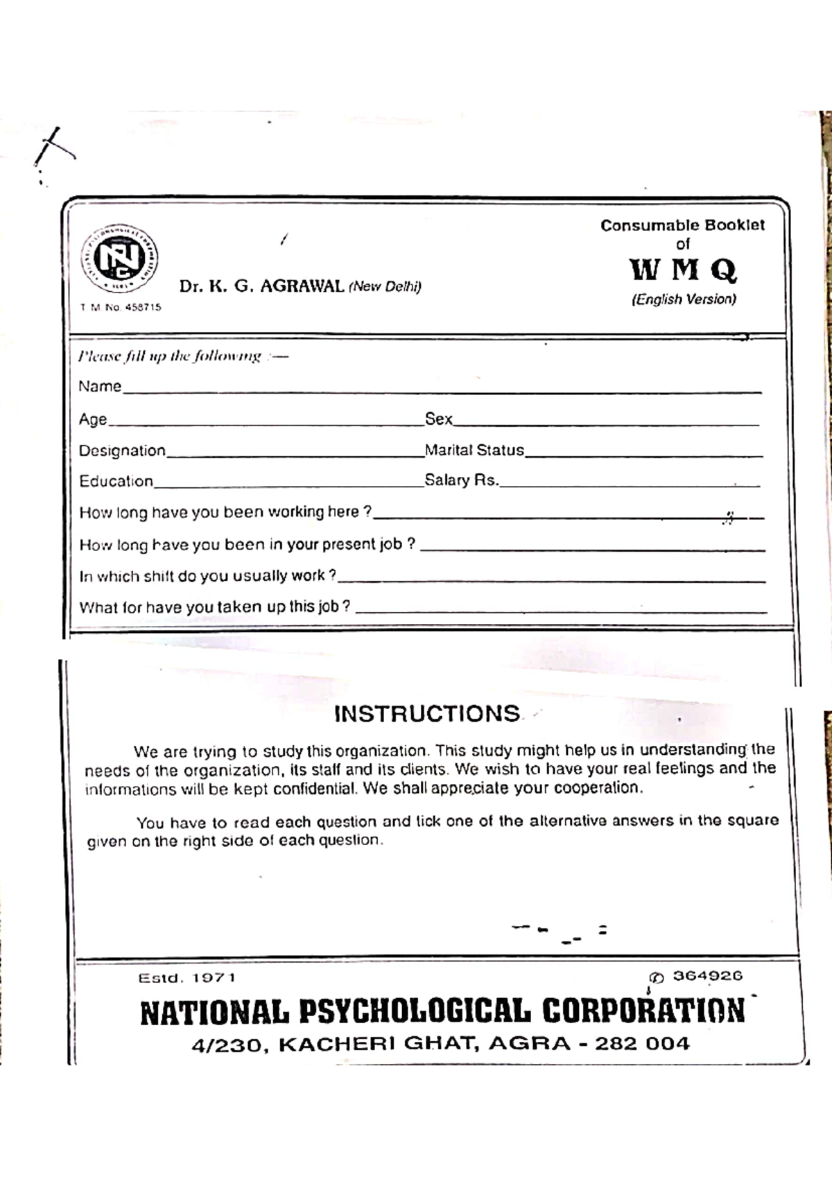 Wmq questionnaire - dwkd - Angelus Novus - B A Honours Psychology - Studocu