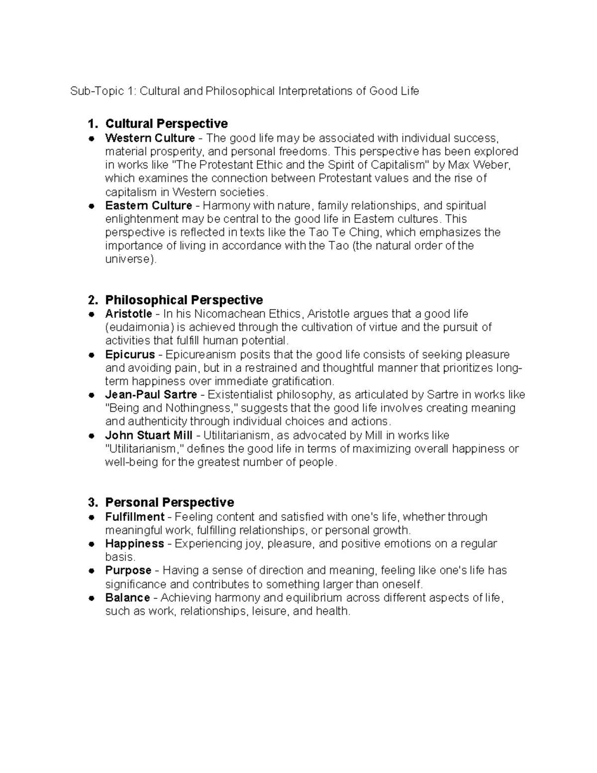 Perspectives on good life - Sub-Topic 1: Cultural and Philosophical ...