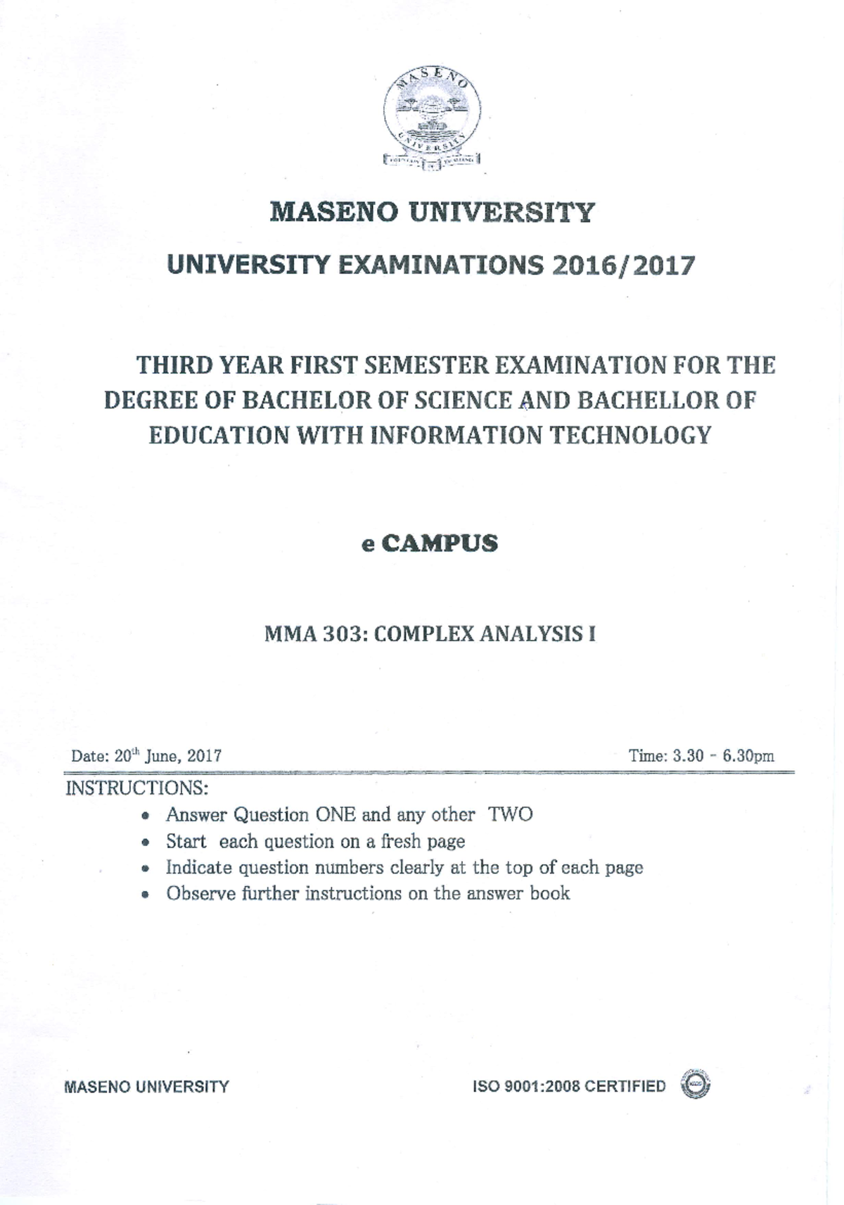 MMA 303 YR 3 SM 1 JUNE 2017 - Actuarial science - Studocu