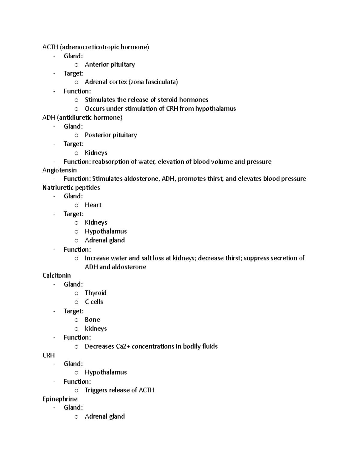 Hormones - ACTH (adrenocorticotropic hormone) - Gland: o Anterior ...