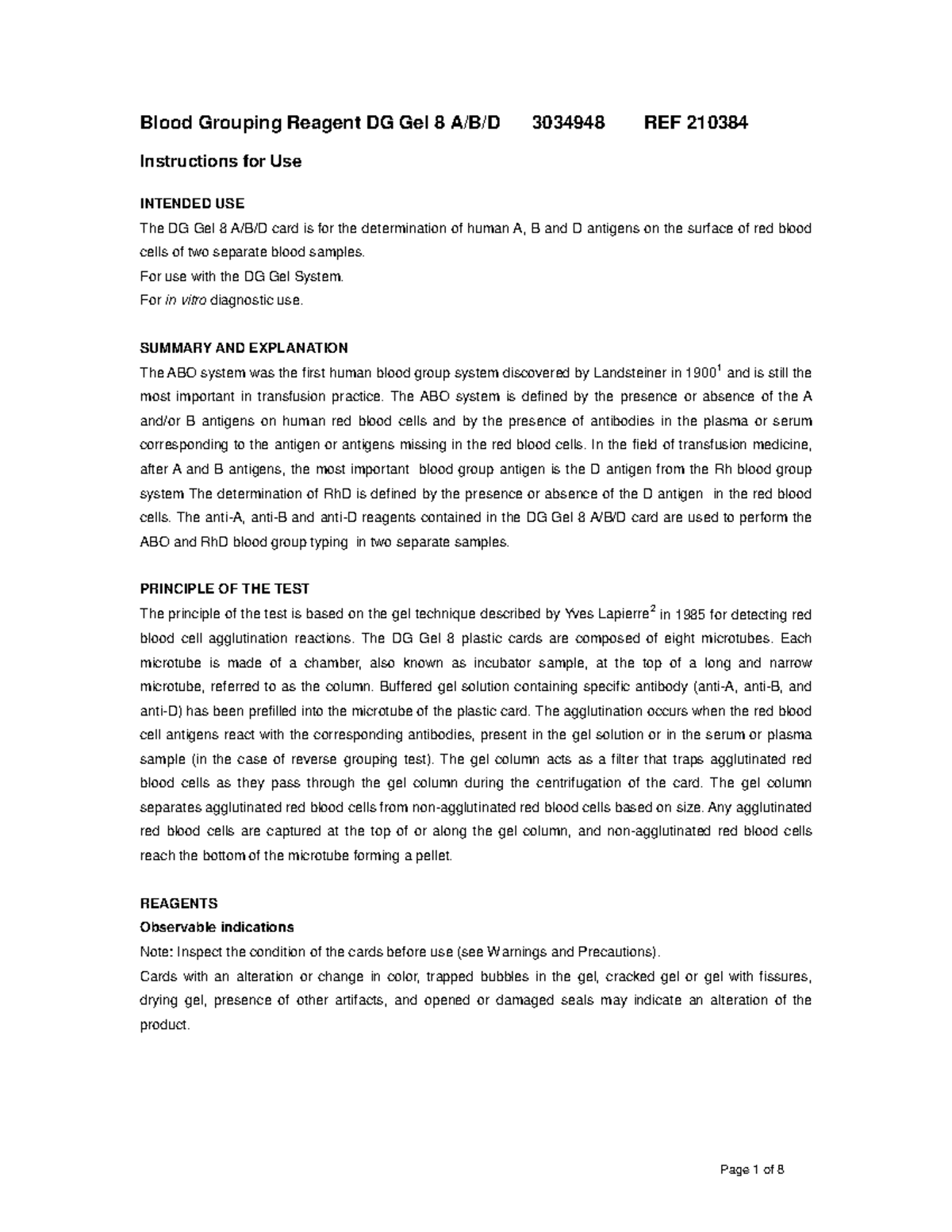 Package Insert DG Gel 8 A B D DG Gel Cards STN 125452 125449 125450 ...