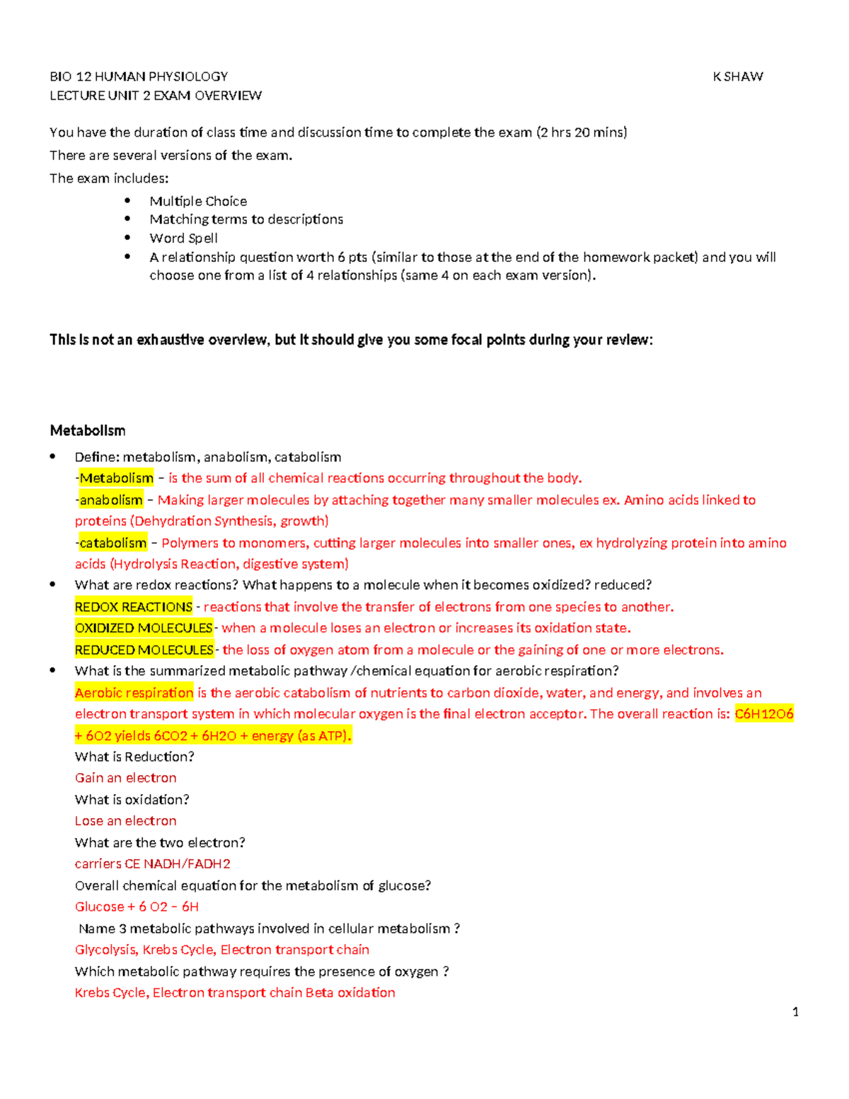 Exam 2 answers - New vibes - BIO 12 HUMAN PHYSIOLOGY K SHAW LECTURE UNIT 2 EXAM OVERVIEW You ...