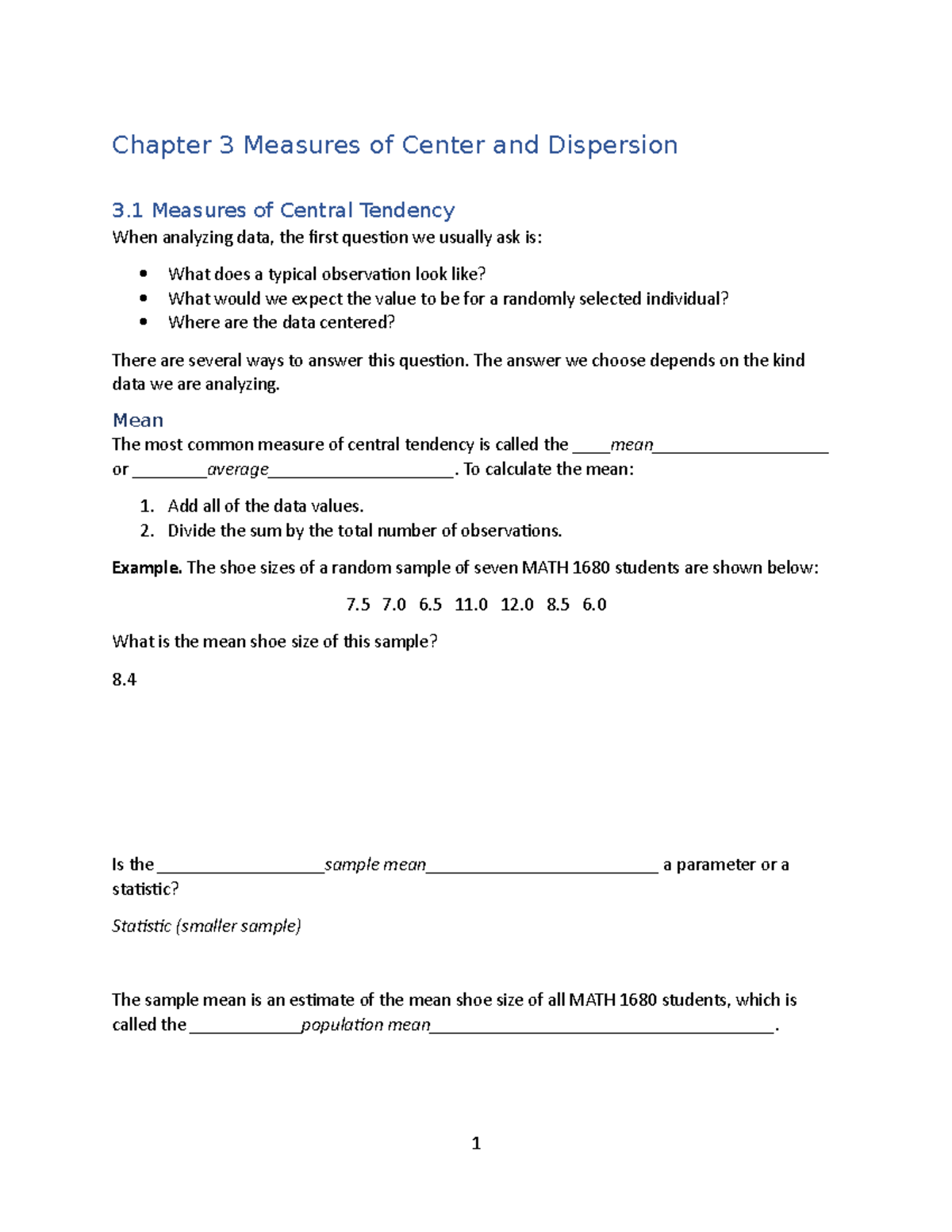 MATH 1680 Chapter 3 Notes - Chapter 3 Measures of Center and Dispersion ...