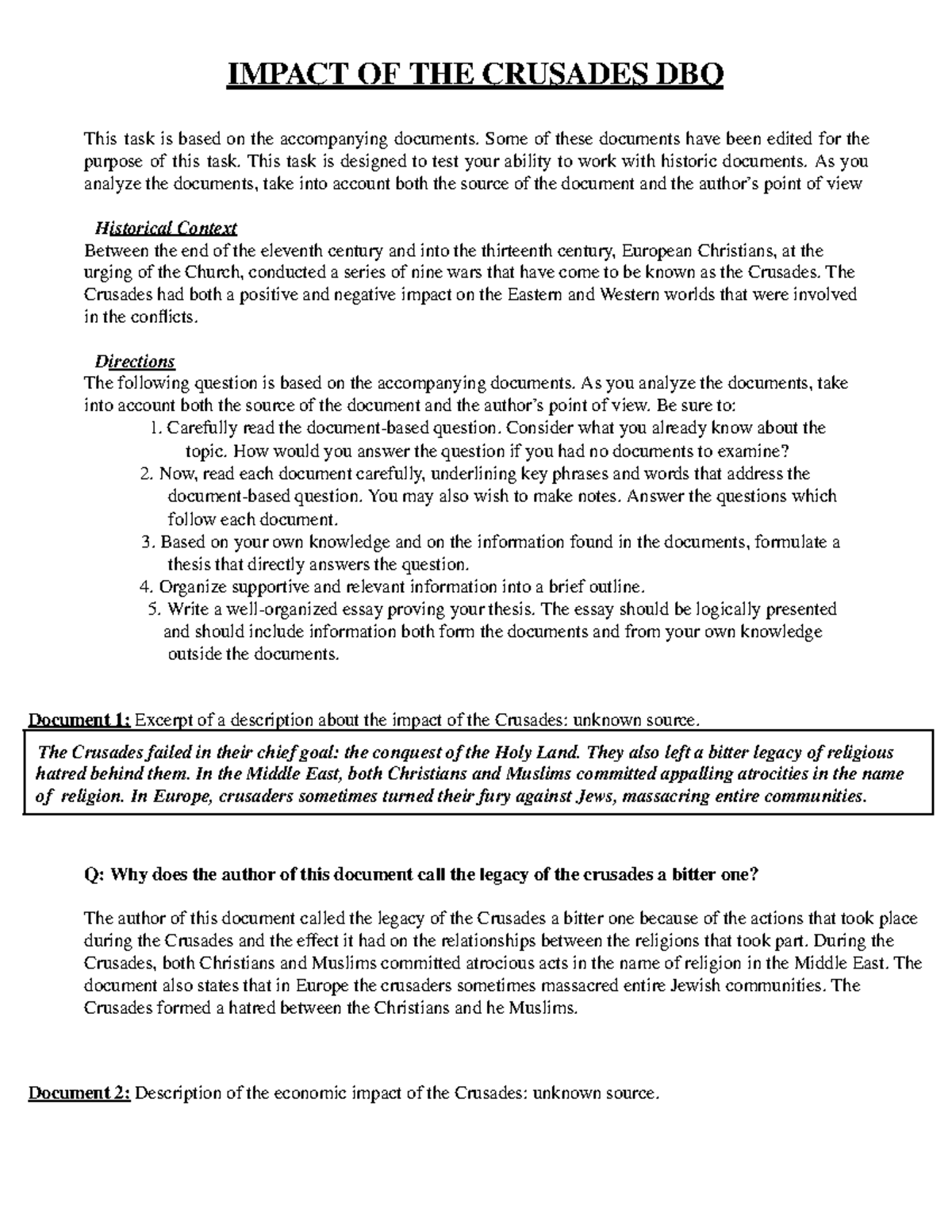 Dbq crusades-Joselyn marin - IMPACT OF THE CRUSADES DBQ This task is ...