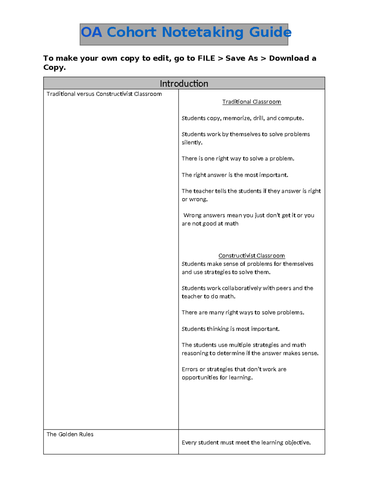 Math Methods Cohort Note Taking Guide - OA Cohort Notetaking Guide To ...