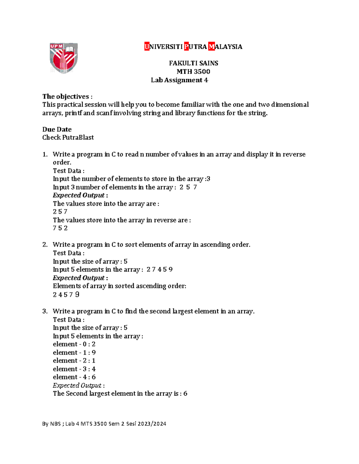 Lab4 - LAB 4 - By NBS ; Lab 4 MTS 3500 Sem 2 Sesi 202 3 /202 4 UNIVERSITI PUTRA MALAYSIA FAKULTI ...