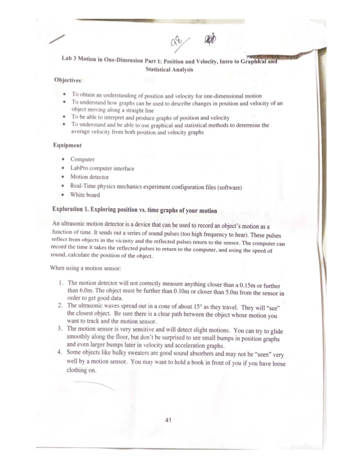 Lab 3 Motion in One-Dimension Part 1 Position and Velocity, Intro to ...