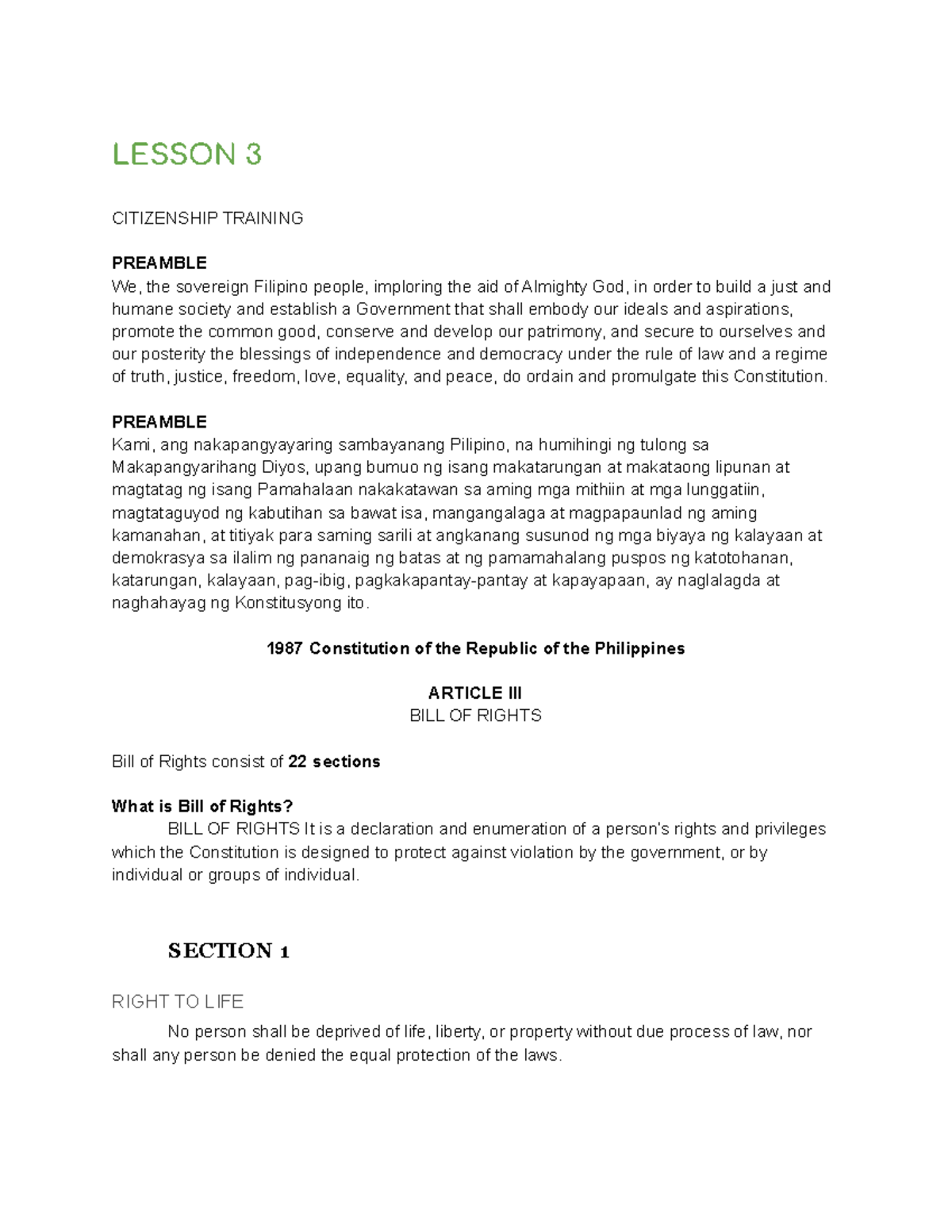 NSTP Lecture 3 - LESSON 3 CITIZENSHIP TRAINING PREAMBLE We, the ...