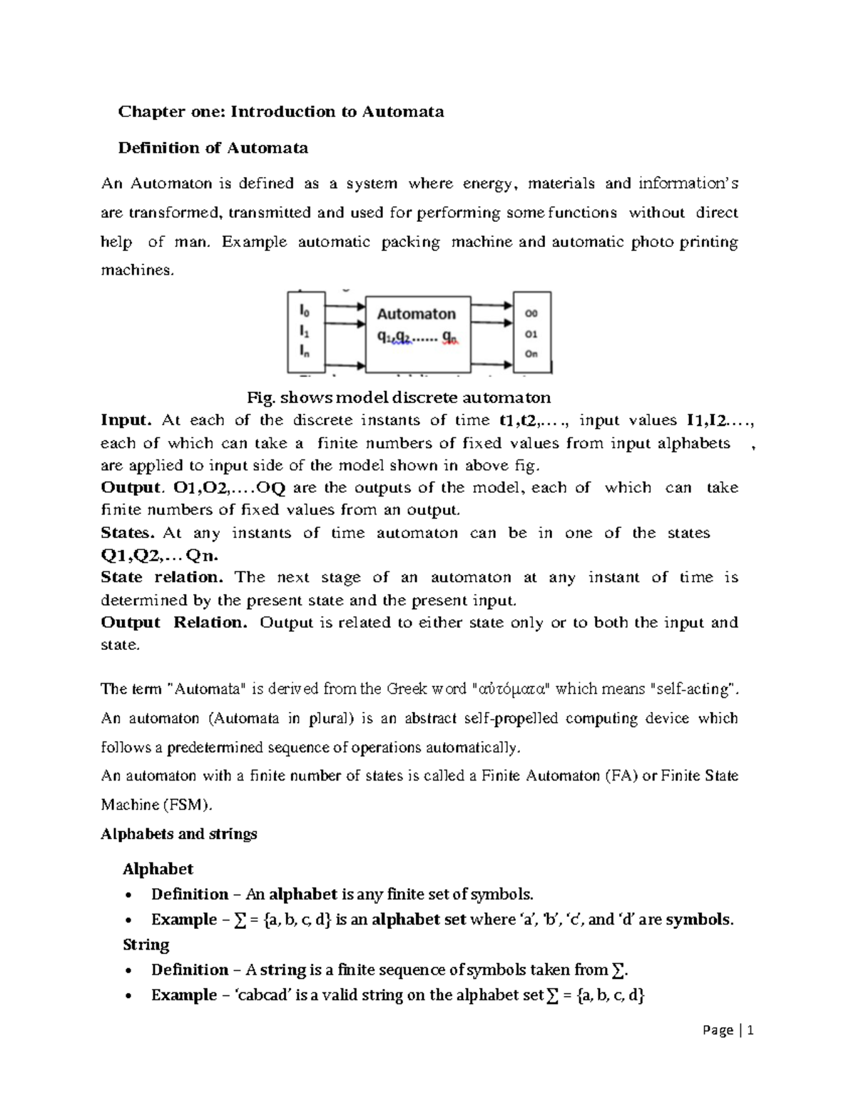 Automata Chapter 1 - note - Chapter one: Introduction to Automata Definition of Automata An ...