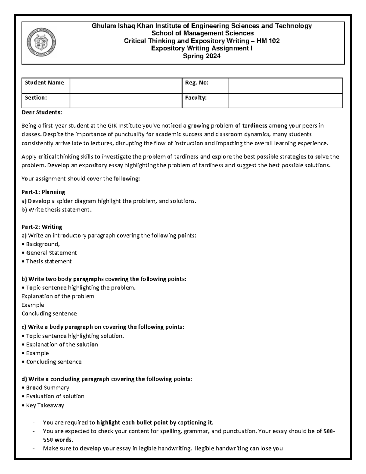 HM 102 Assignment - Ghulam Ishaq Khan Institute of Engineering Sciences ...