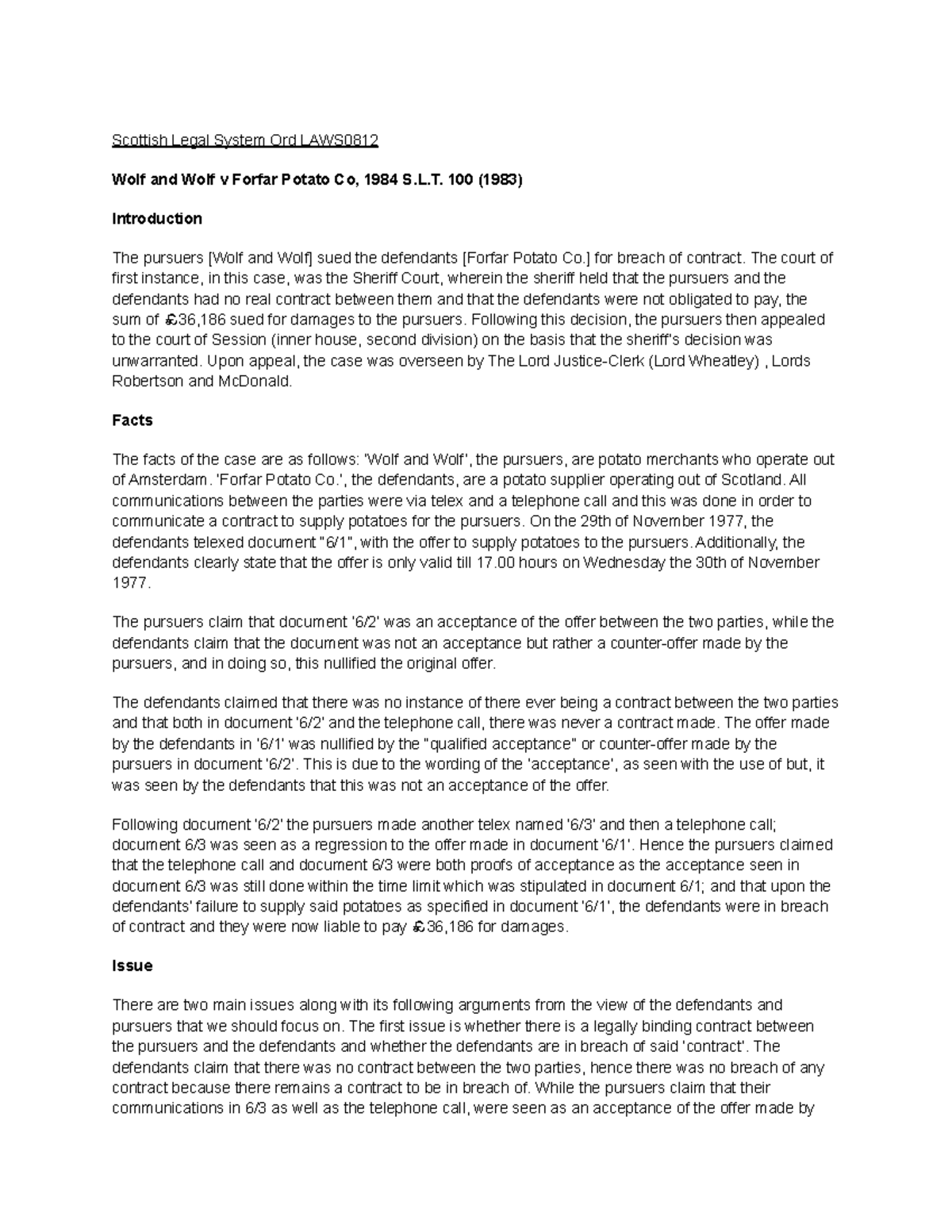 Case Notes on Wolf and Wolf v Forfar Potato Co - Scottish Legal System ...