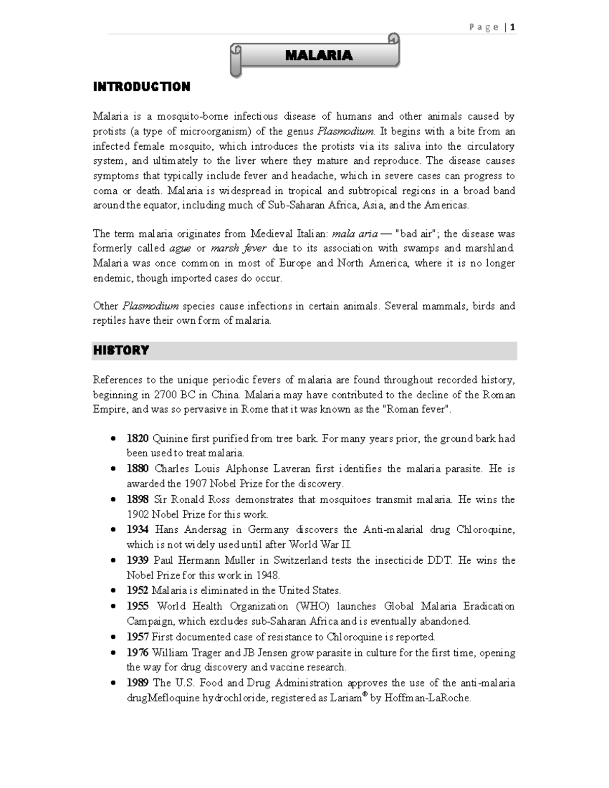 Malaria - Useful - INTRODUCTION Malaria is a mosquito-borne infectious ...