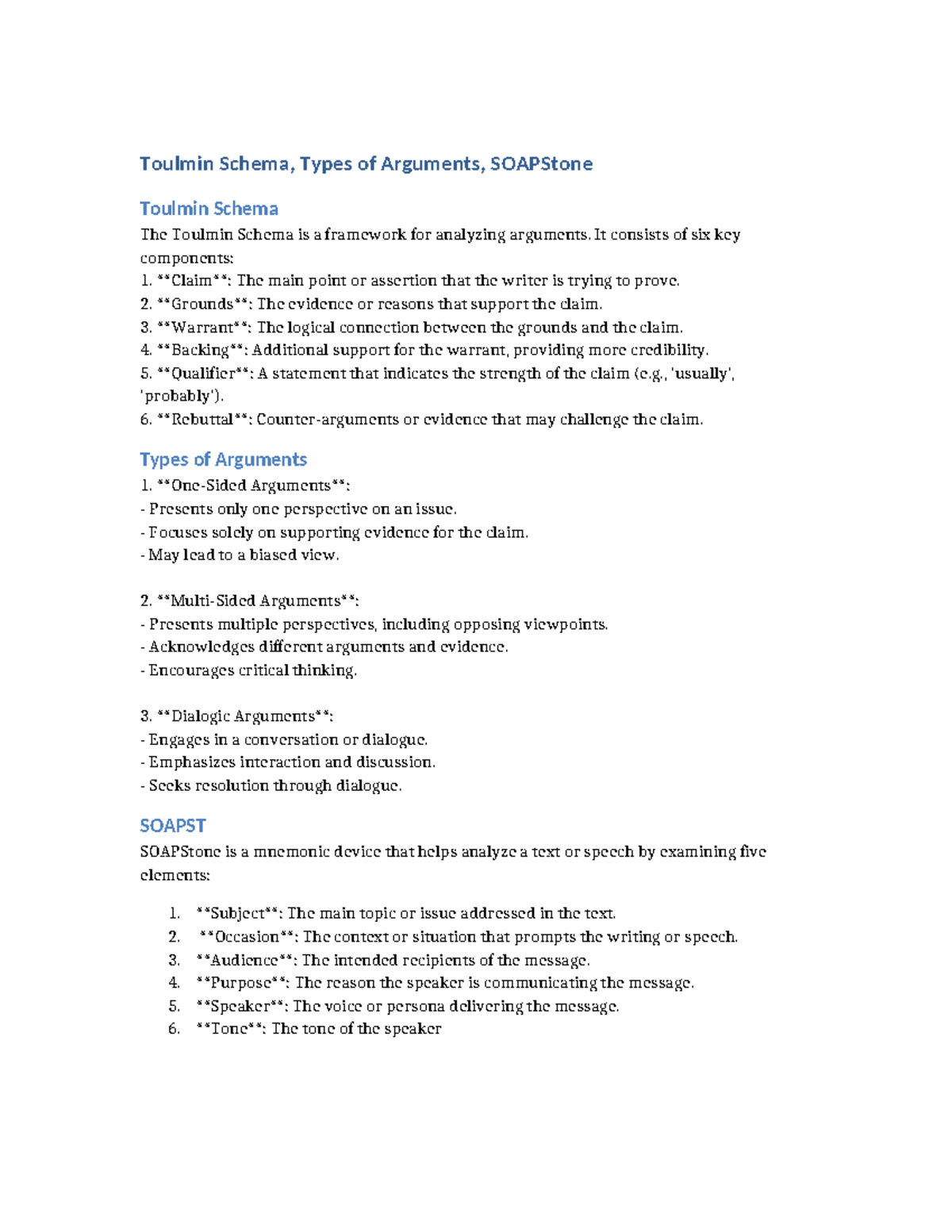 Toulmin Schema Types of Arguments Soapstone Notes - Toulmin Schema ...