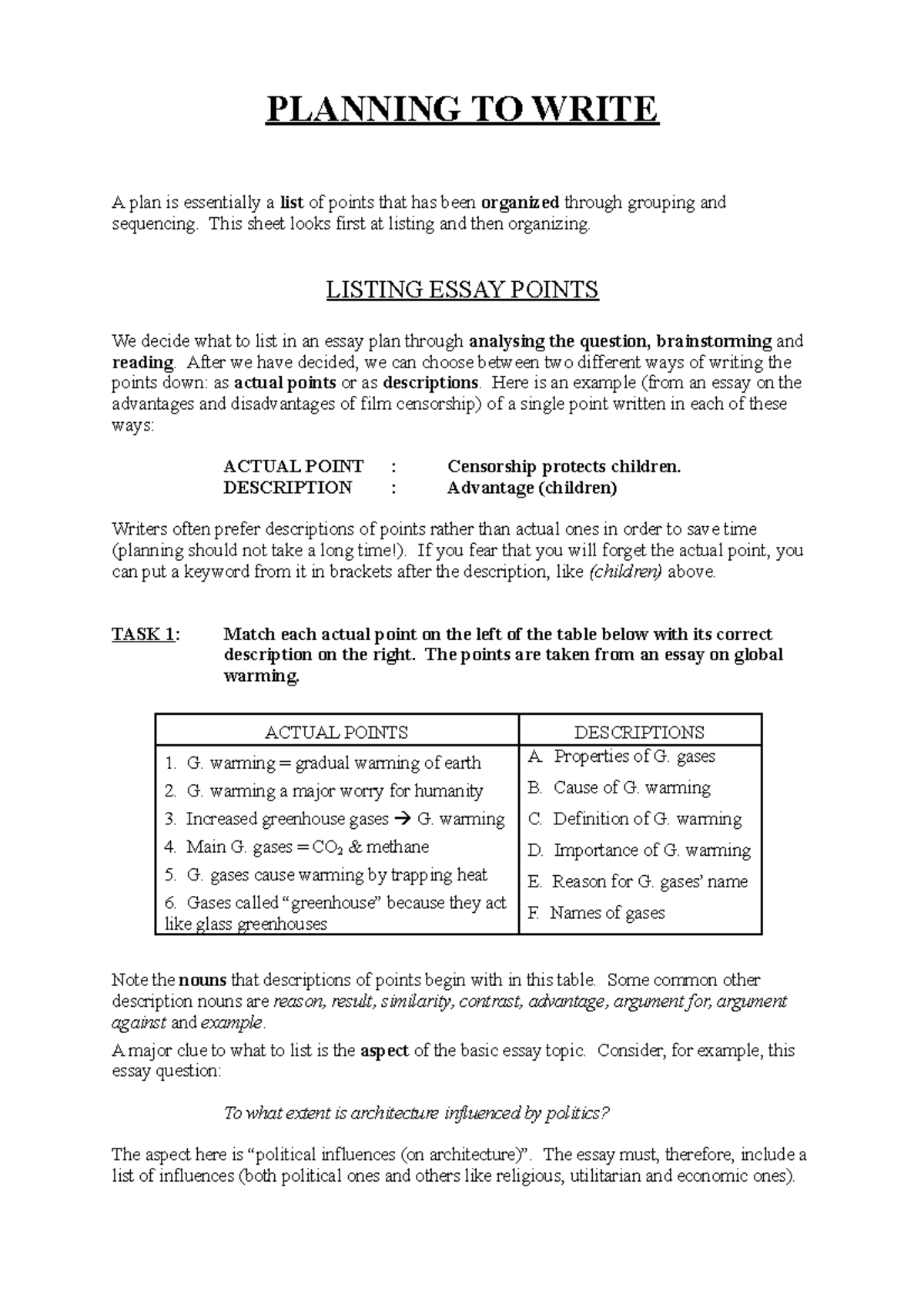 Essplan-1 - How to Plan an essay - PLANNING TO WRITE A plan is ...