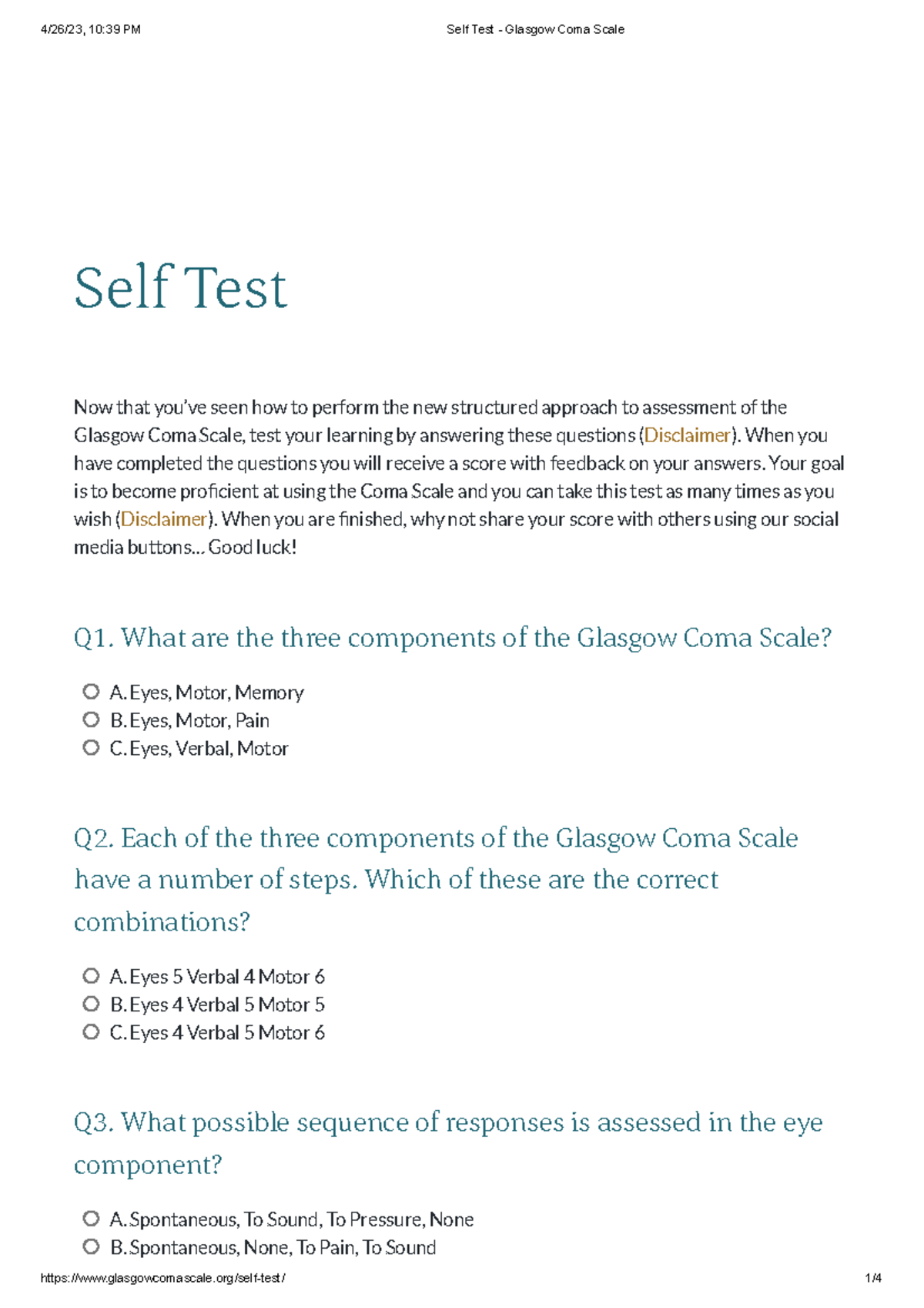 Self Test - Glasgow Coma Scale - Self Test THE GLASGOW STRUCTURED ...