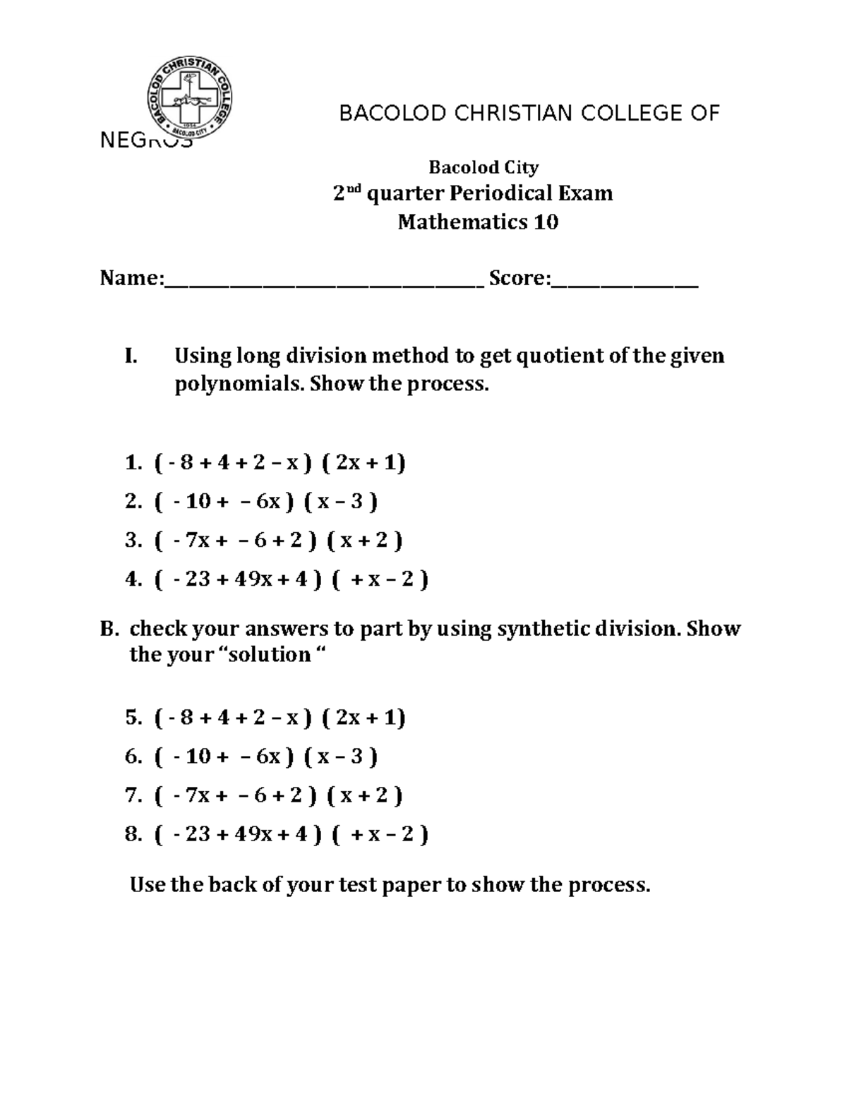 2nd quarter periodical math 10, 2022 - BACOLOD CHRISTIAN COLLEGE OF ...