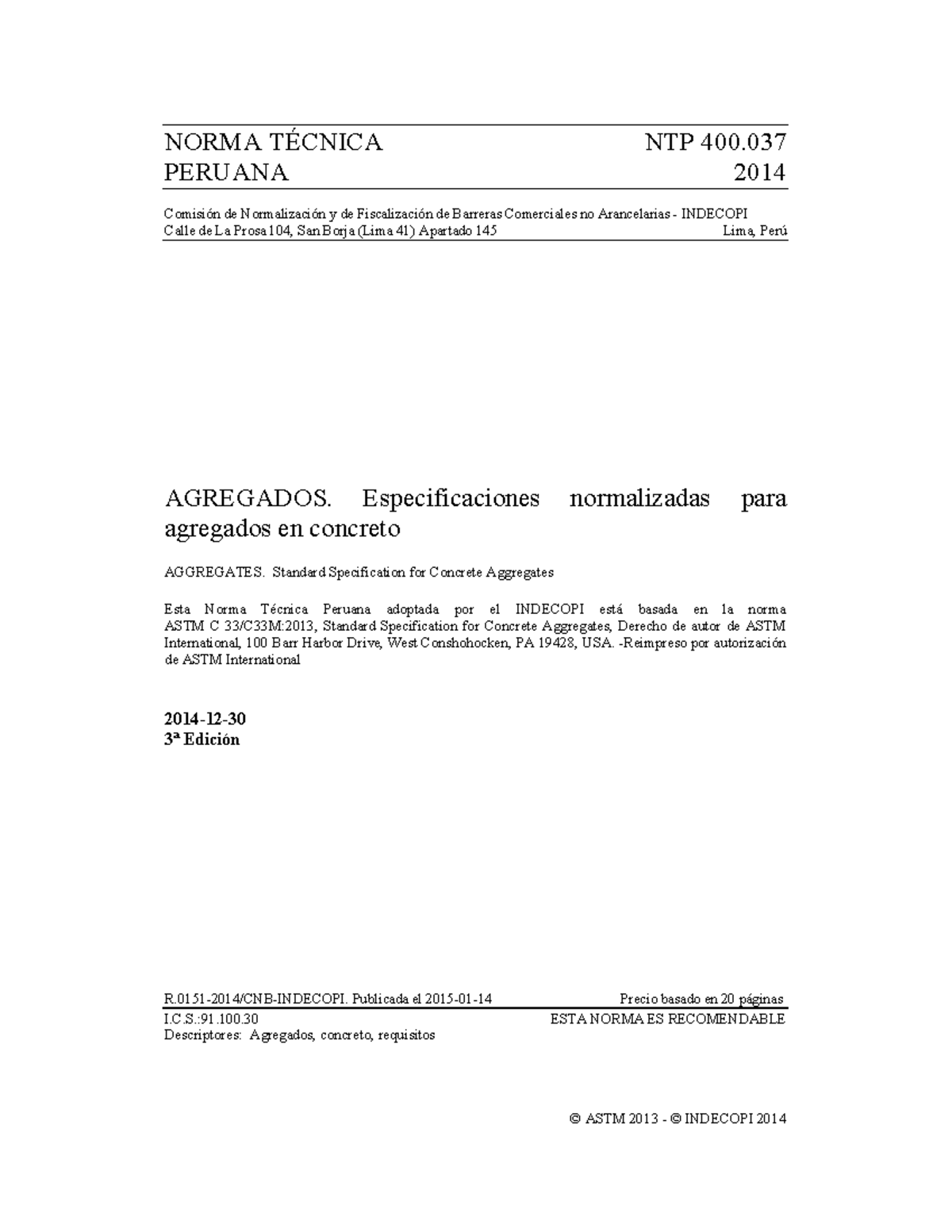 NTP 400.037 Especificaciones Normalizadas PARA Agregados EN Concreto ...