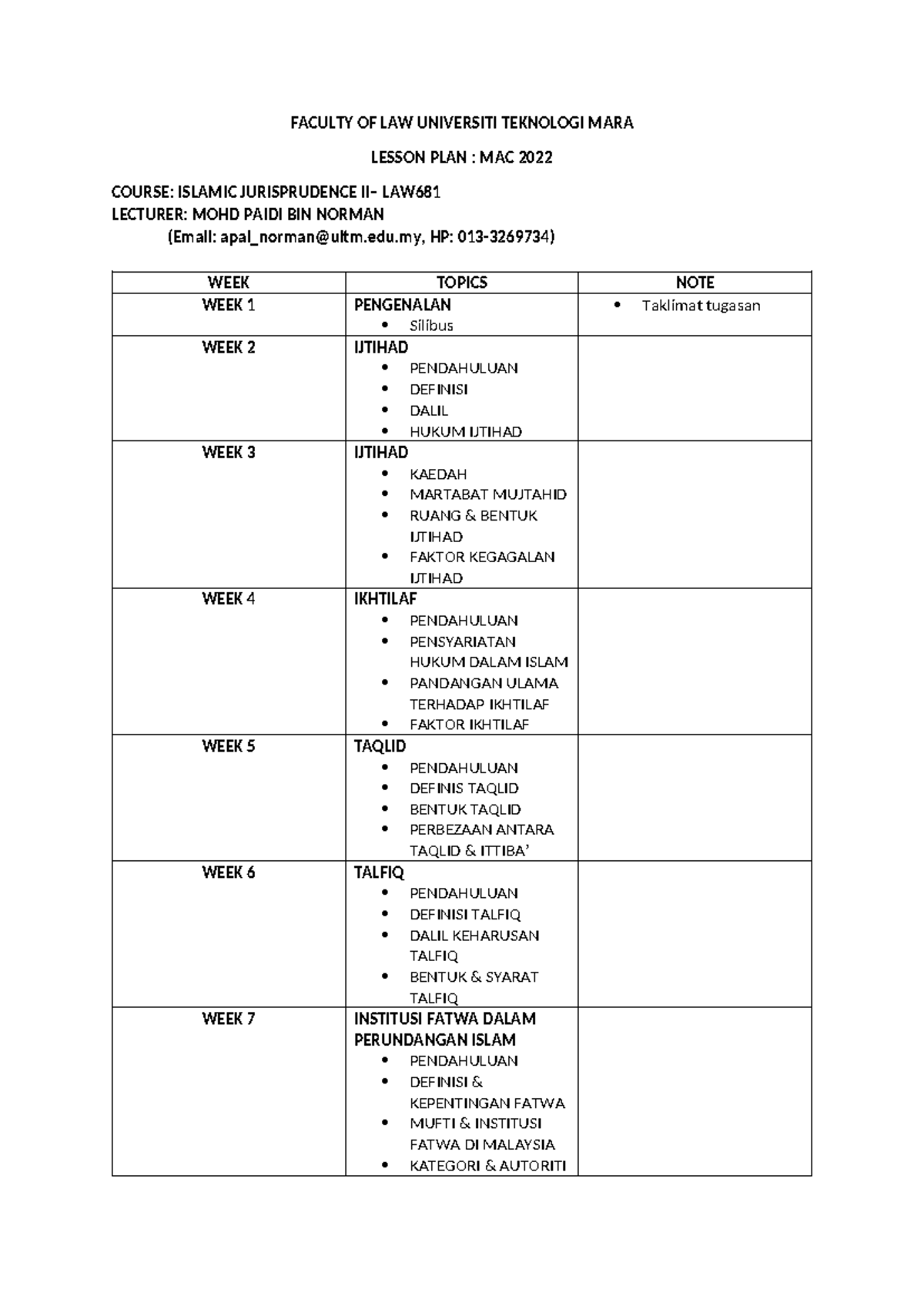 Lesson PLAN LAW681 - FACULTY OF LAW UNIVERSITI TEKNOLOGI MARA LESSON ...