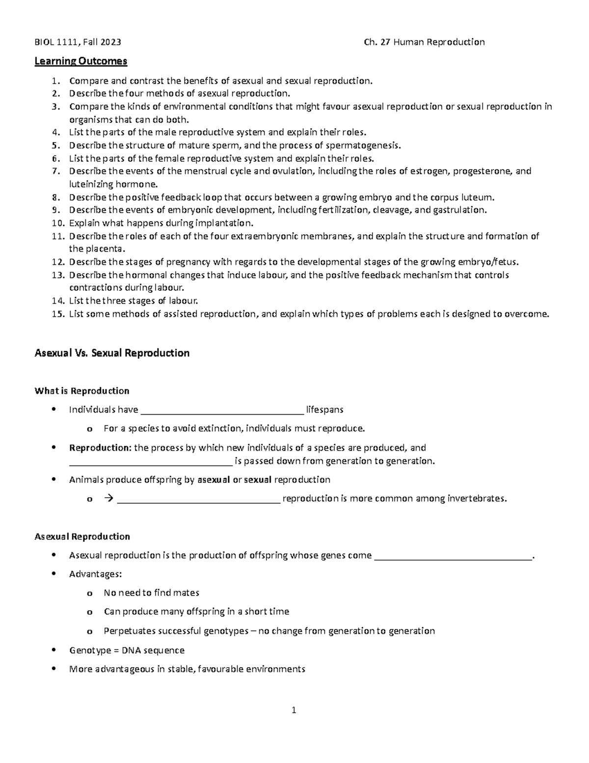 F23 1111 Ch. 27 Reproduction - Partial notes - Learning Outcomes ...