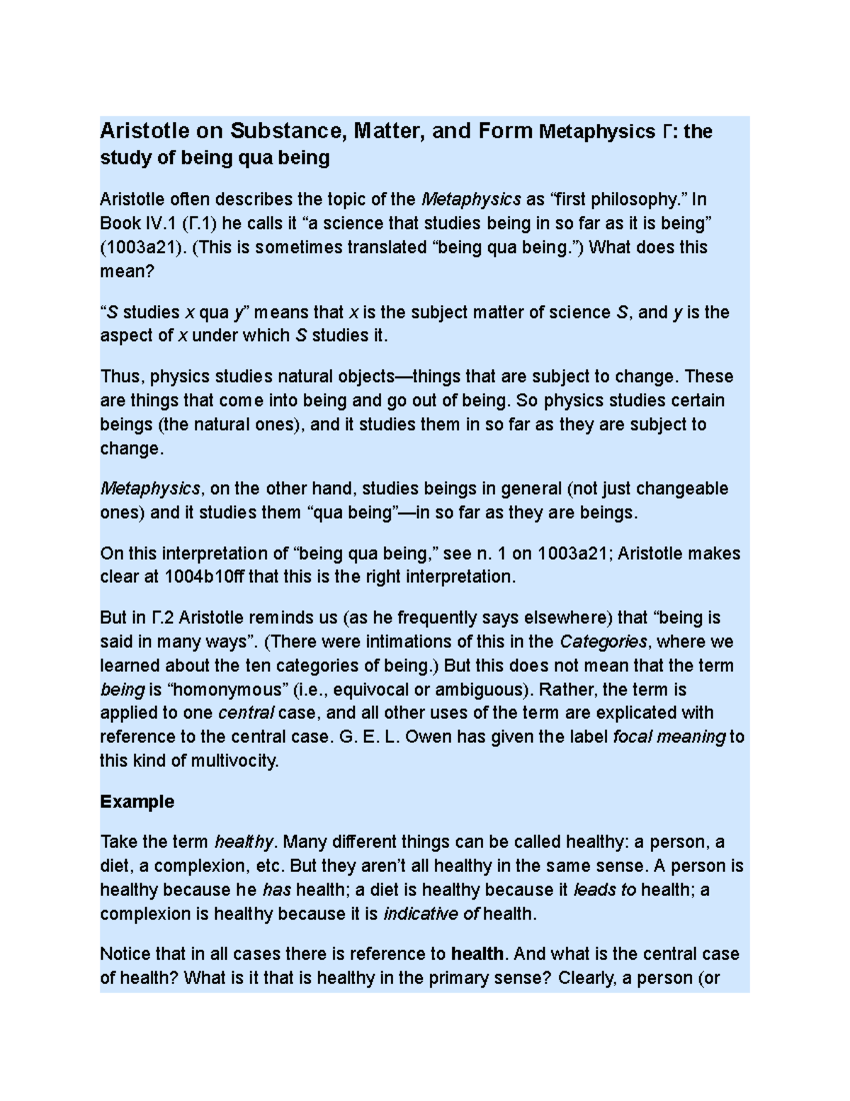 Aristotle on Substance, Matter, and Form Metaphysics Γ the study of ...