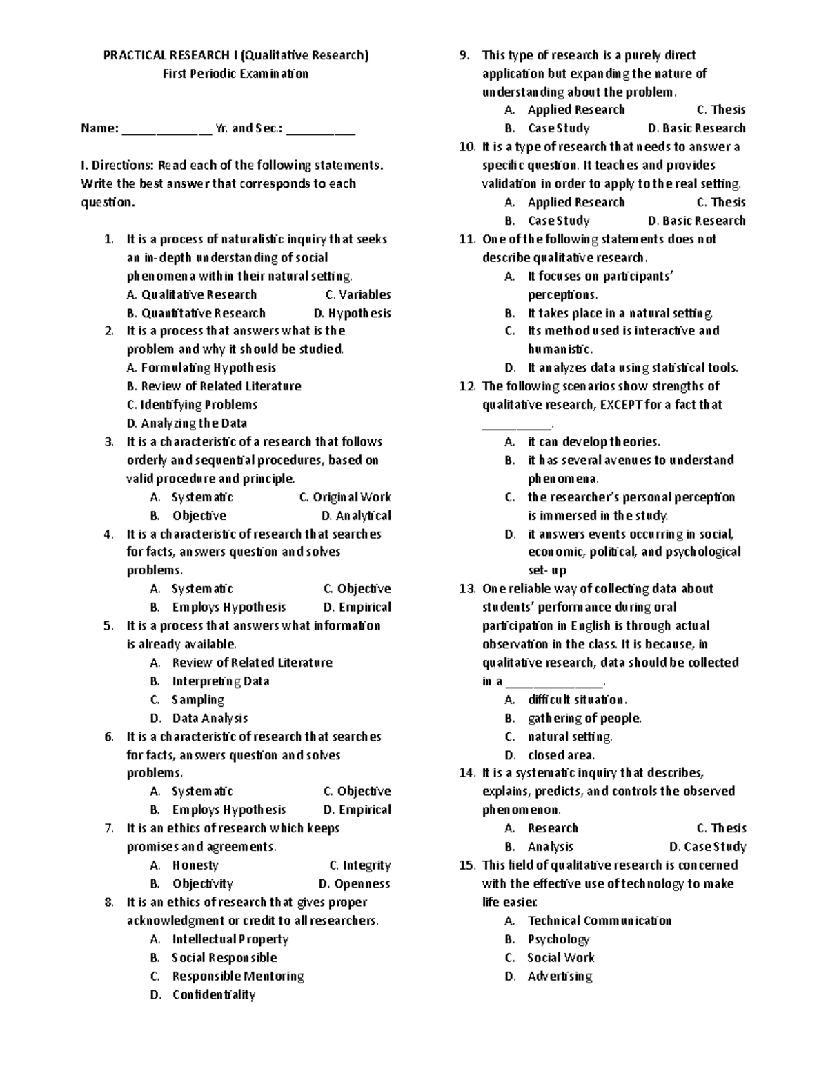 PR1 1Exam - First Periodic Exam in Practical Research 1 - PRACTICAL ...