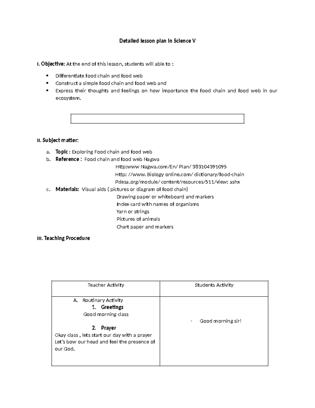 Food chain and food web dlp - Detailed lesson plan in Science V I ...