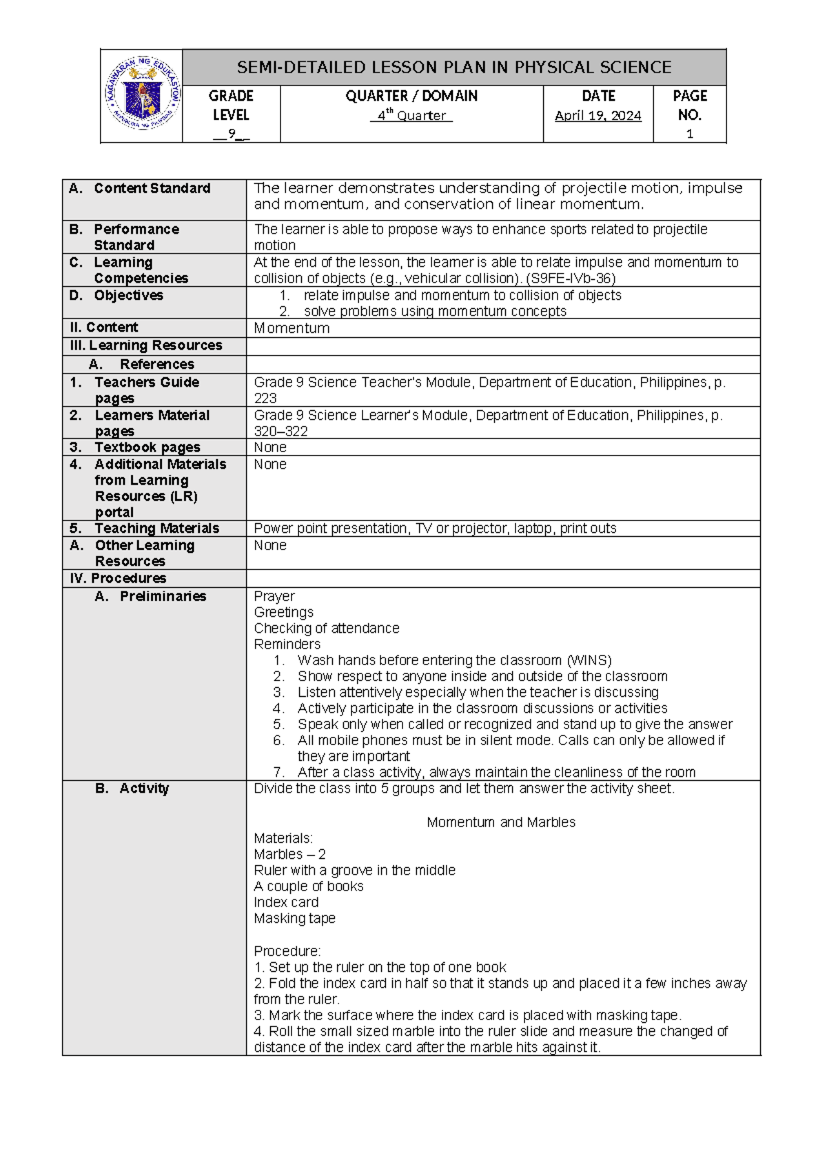 Grade 9 Momentum CO LP - SEMI-DETAILED LESSON PLAN IN PHYSICAL SCIENCE ...
